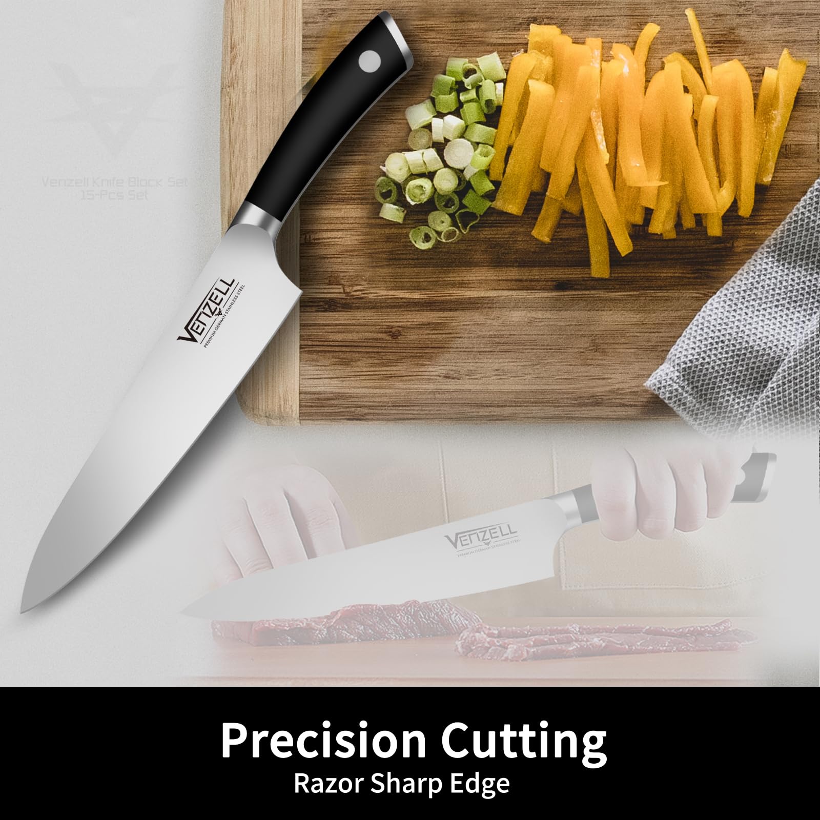 VENZELL 15 pcs Knife Set with Block, Premium Quality High Carbon Stainless Steel Kitchen Knife Set