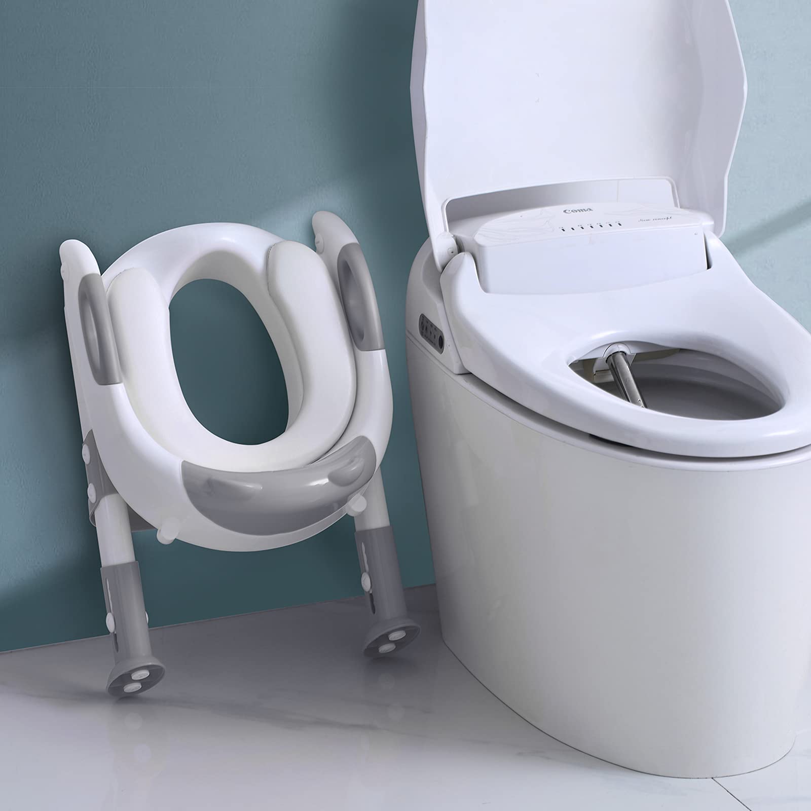 Victostar Potty Training Seat with Step Stool Ladder, Foldable Potty Training Toilet for Kids Boys Girls Toddlers-Comfortable Cushion Safe Handle Anti-Slip Pads