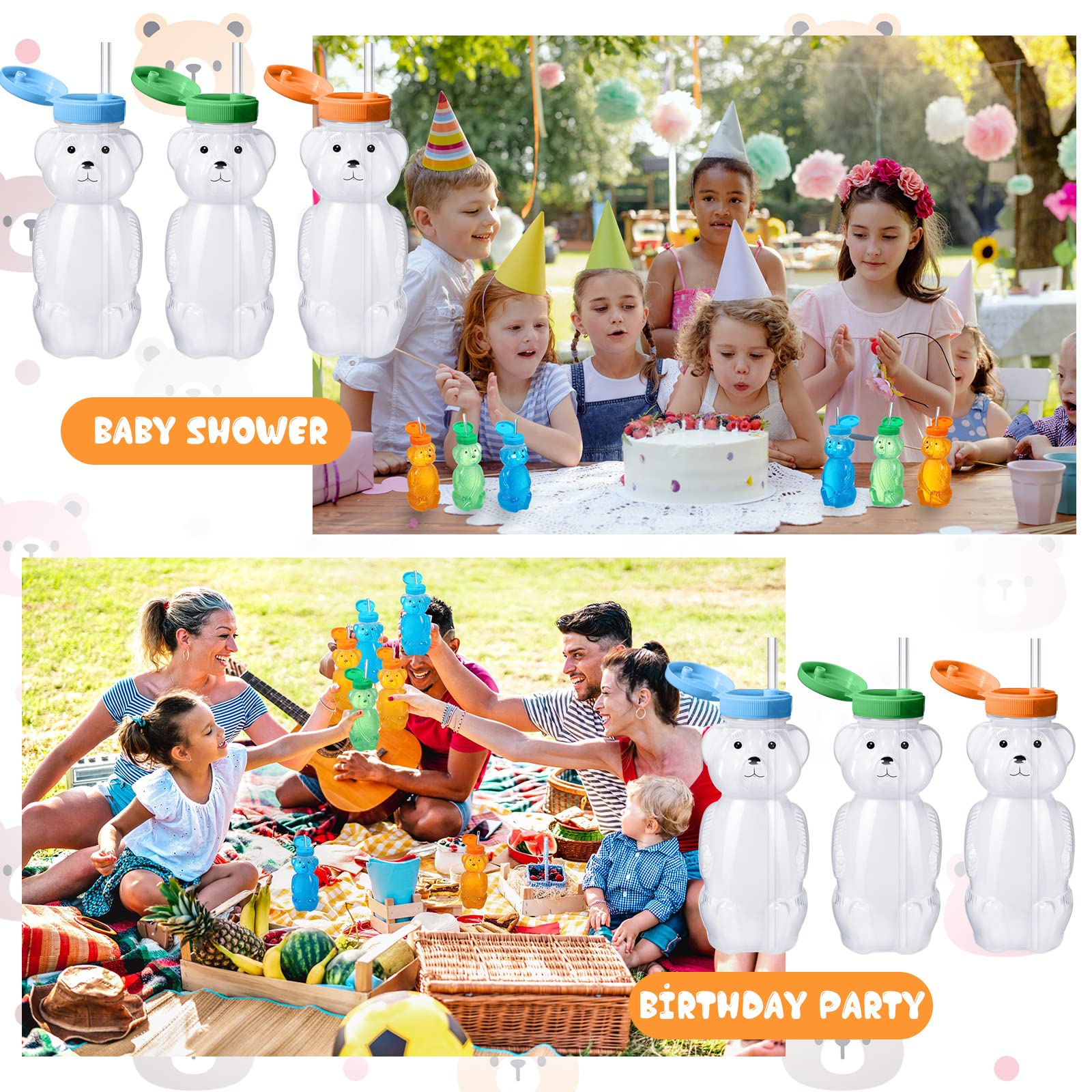 Zubebe 12 Pack Honey Bear Straw Cups Bulk with 24 Flexible Straws and Cleaning Tools, 8 Oz Therapy Sippy Bottles for Speech and Feeding Training Daily Drinking Supplies (Green, Orange, Blue)