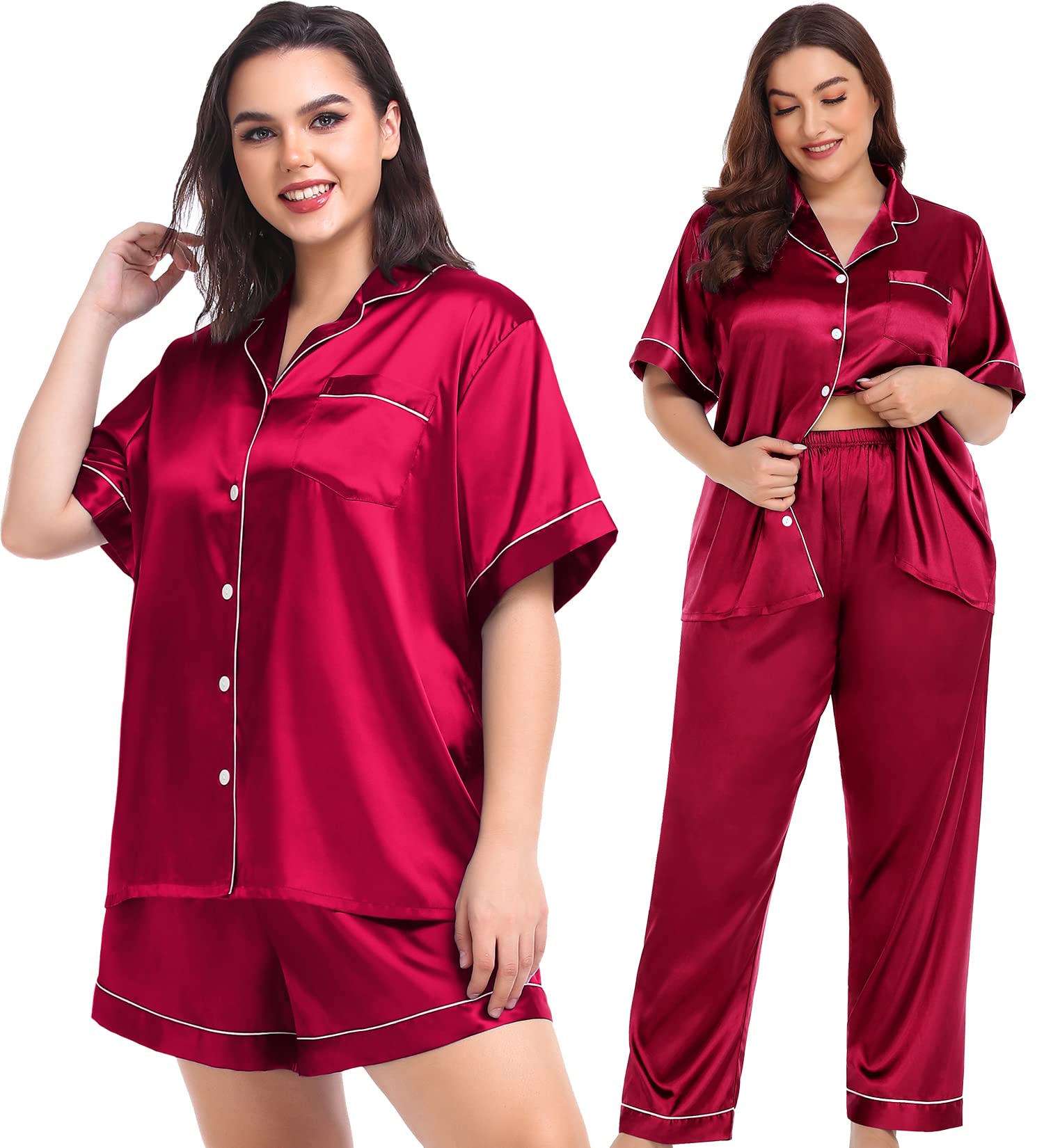 SWOMOG Womens Silk Satin Pajamas Set 3pcs Summer Pj Sets Plus Size Loungewear Button-Down Loose Rose Pink Sleepwear 18W