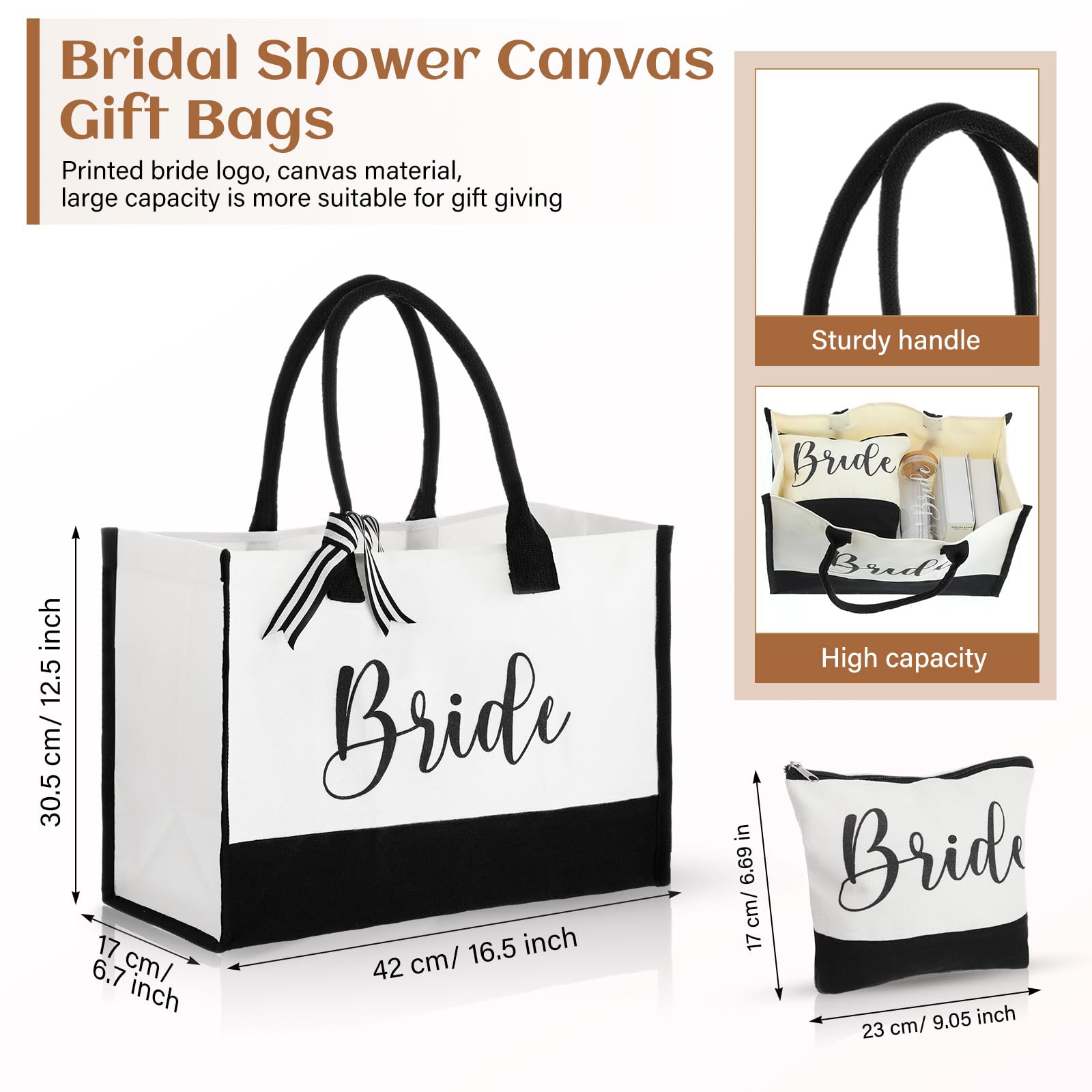 Zubebe 3 Pcs Bride Gifts Set for Bridal Shower Include Glass Cup Canvas Tote Bag Makeup Bag for Honeymoon Gift(Bride)