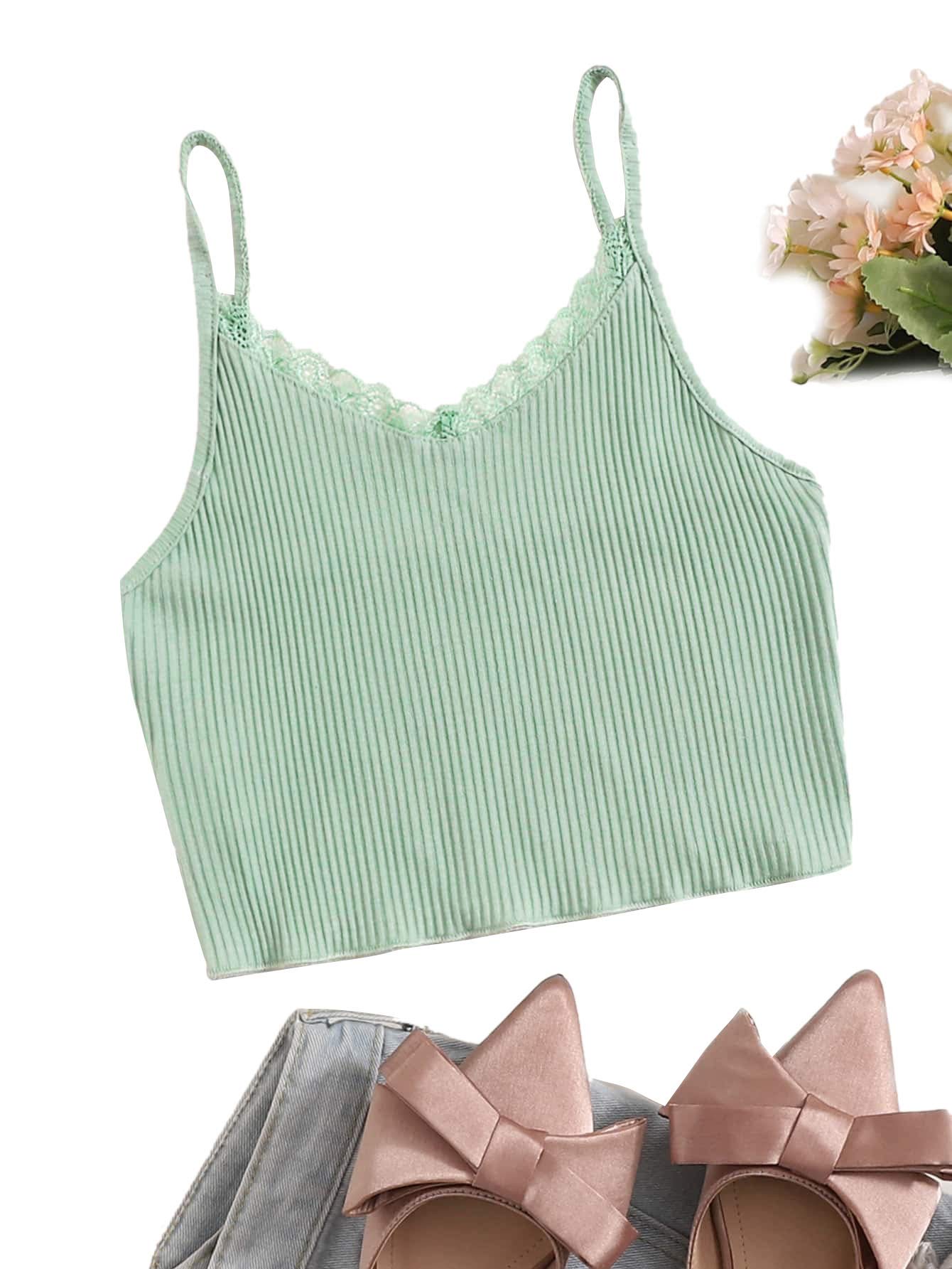 Verdusa Women's Contrast Lace Spaghetti Strap Ribbed Knit Cami Crop Tops Light Green L