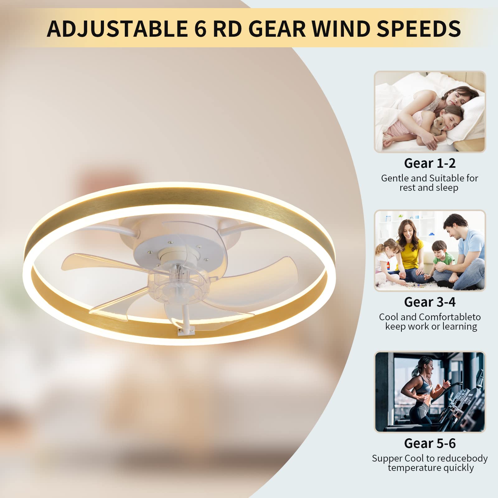 SYNHOK Flush Mount Ceiling Fans with Lights,dimmable Low Profile Ceiling Fans with Lights,Timing and Reversible Lighting&Ceiling Fans, 3 Light Color and 6 speeds Ceiling Fan with Lights,Simple Gold