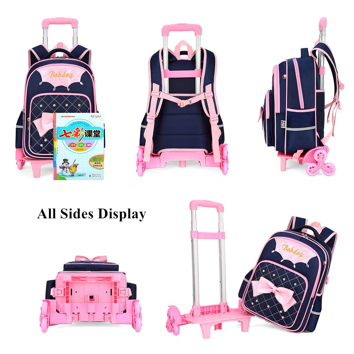VIDOSCLA 2Pcs Cute Print Bowknot Trolley Backpack Elementary Middle School Rolling Bag Wheeled BookBag for Kids Girls