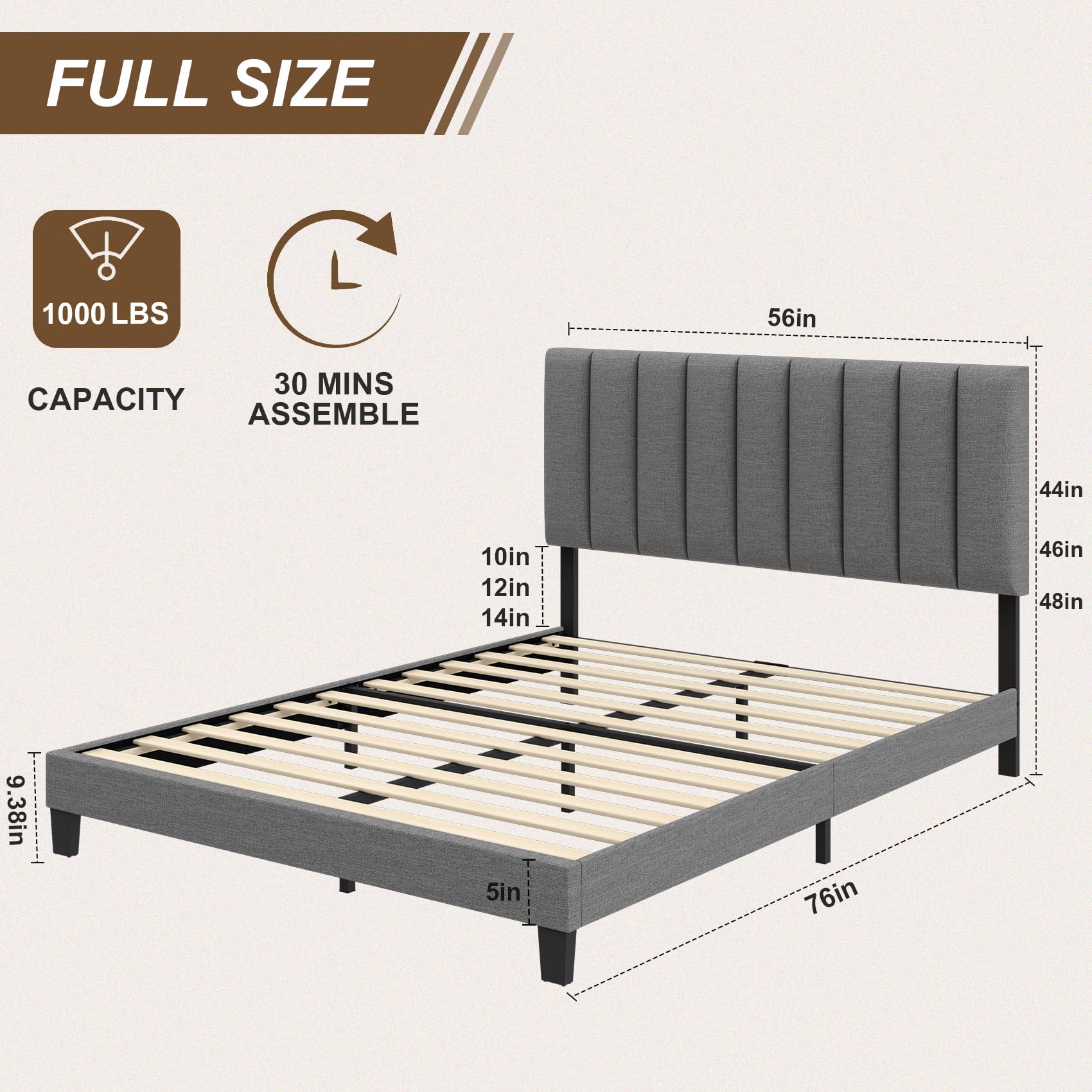 VERSAINSECT ze Bed Frame with Adjustable Headboard, Vertical Channel Tufted Linen Fabric, Wooden Slats Support, Mattress Foundation/Noise Free/No Box Spring Required/Easy Assembly