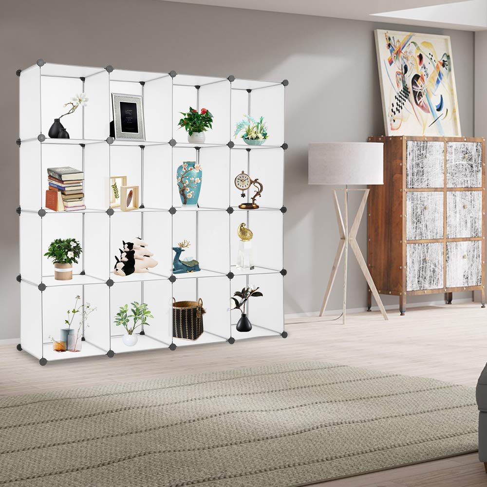 VINGLI 16 Cube Storage, Cubes Organizer Shelves Plastic Closet Cabinet, DIY Modular Book Shelf Storage Cube Organizer w/Hammer for Bedroom Living Room Office - Translucent White