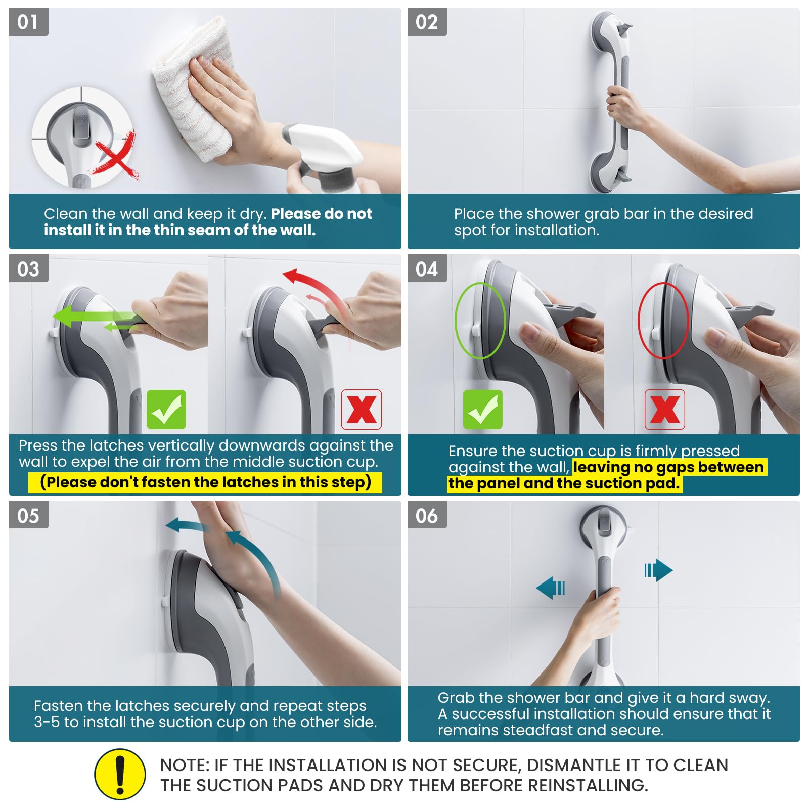 TAILI Shower Grab Bar 16 Inch Suction Cup Grab Bars for Bathroom & Shower, Removable Shower Safety Handle Heavy Duty Bathtub Grip for Seniors & Elderly, Strong Handrails No Drilling Waterproof, Grey