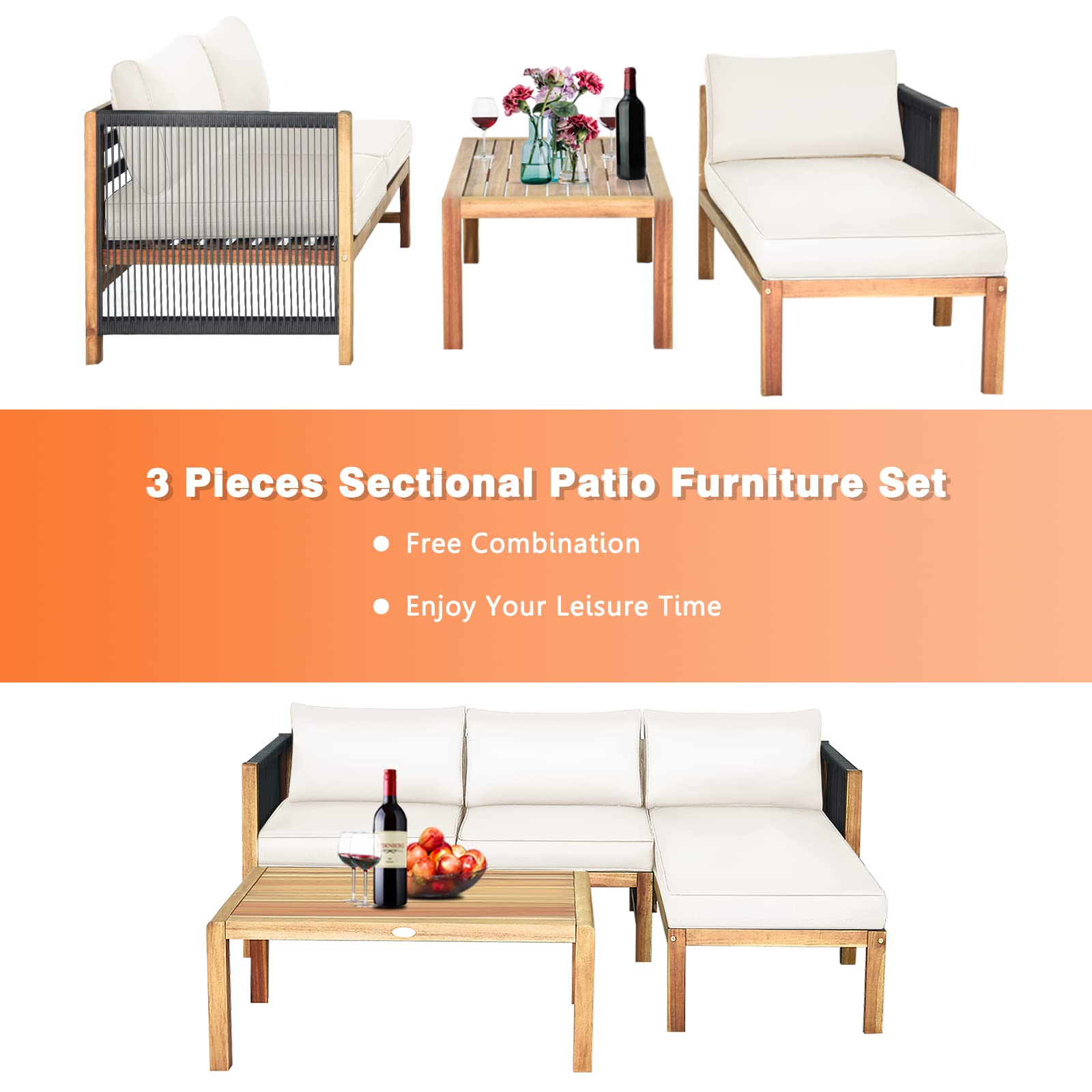 Tangkula L Shape Outdoor Furniture Set, 3 Piece Acacia Wood Patio Conversation Set, with 2 loveseats and Coffee Table, Garden Backyard Poolside Patio Seating Set (White)