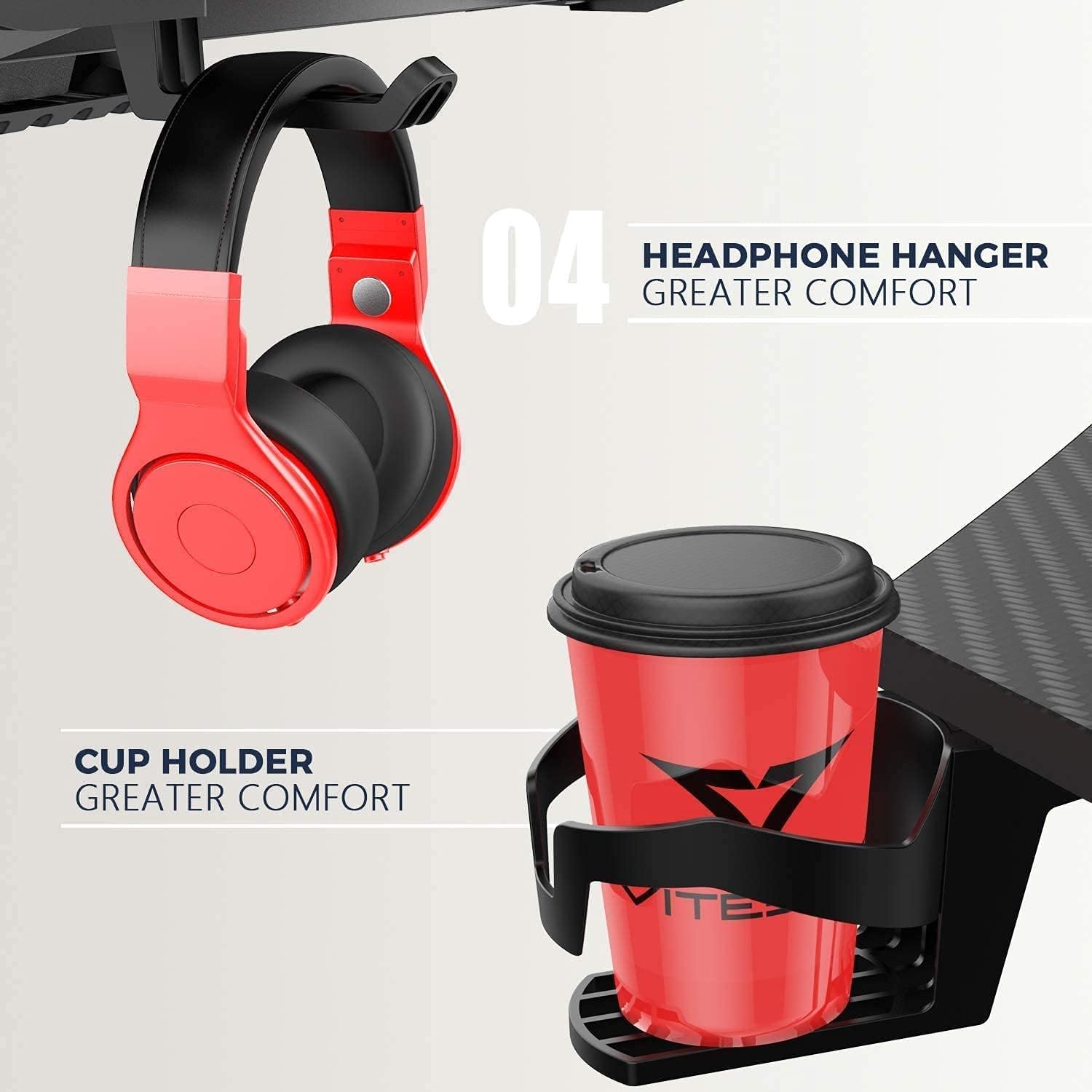 VITESSE Ergonomic Gaming Desk, T Shaped Office PC Computer Desk with Desk Mouse Pad, Gamer Tables with Gaming Handle Rack, Cup Holder Headphone Hook