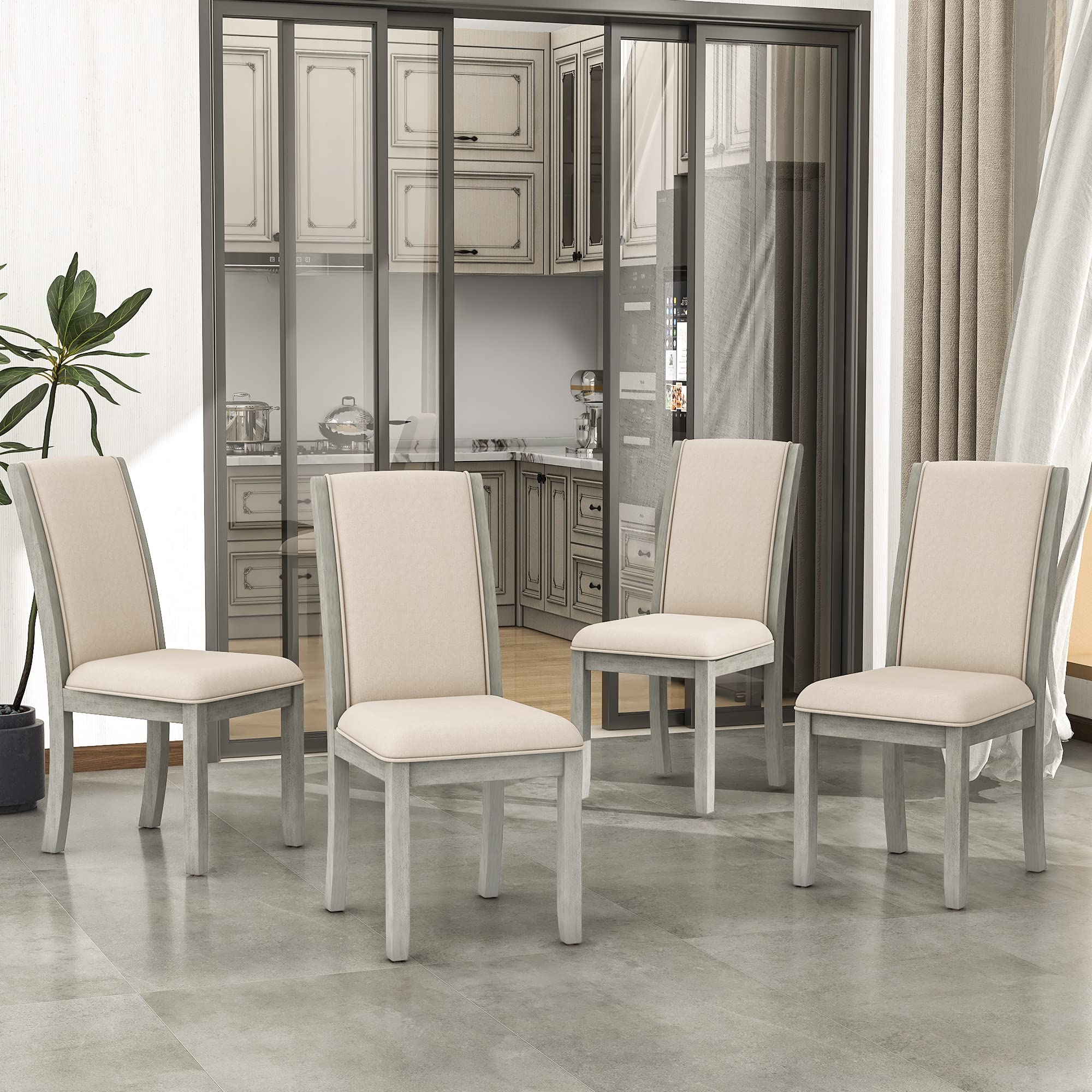 TARTOP Dining Chairs Set of 4, Full Back Set with Upholstered, Farmhouse Solid Wood Frame and Legs,Gray+Cushion Beige