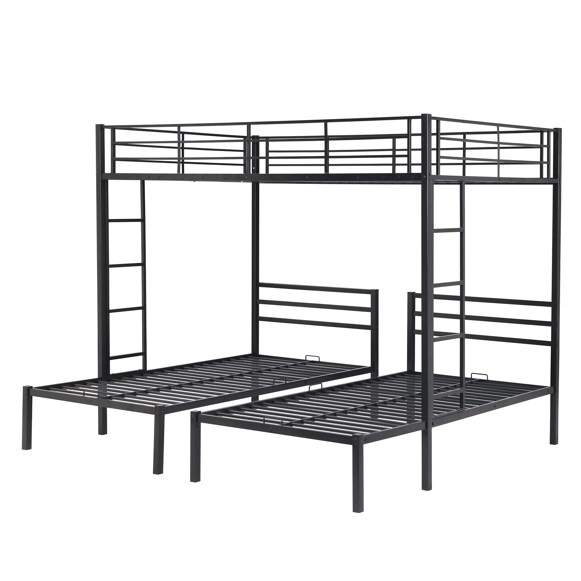 TARTOP Metal Triple Bunk Beds Full Over Twin & Twin Bunk Bed with Upper Built-in Shelf, 3 Bed Bunk Beds with 2 Ladders for Kids, Teens, Adults,Black