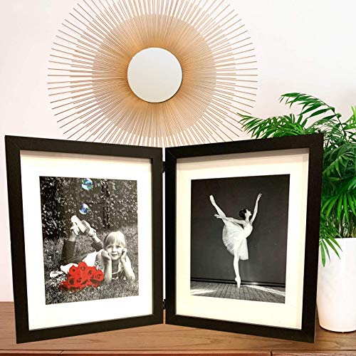 Tasse Verre 11x14 Black Folding Picture Frames With 8x10 Mats and HIGH DEFINITION GLASS - Displays Two Collage Pictures, Double Hinged Photo Frame Stands Vertically on Desktop