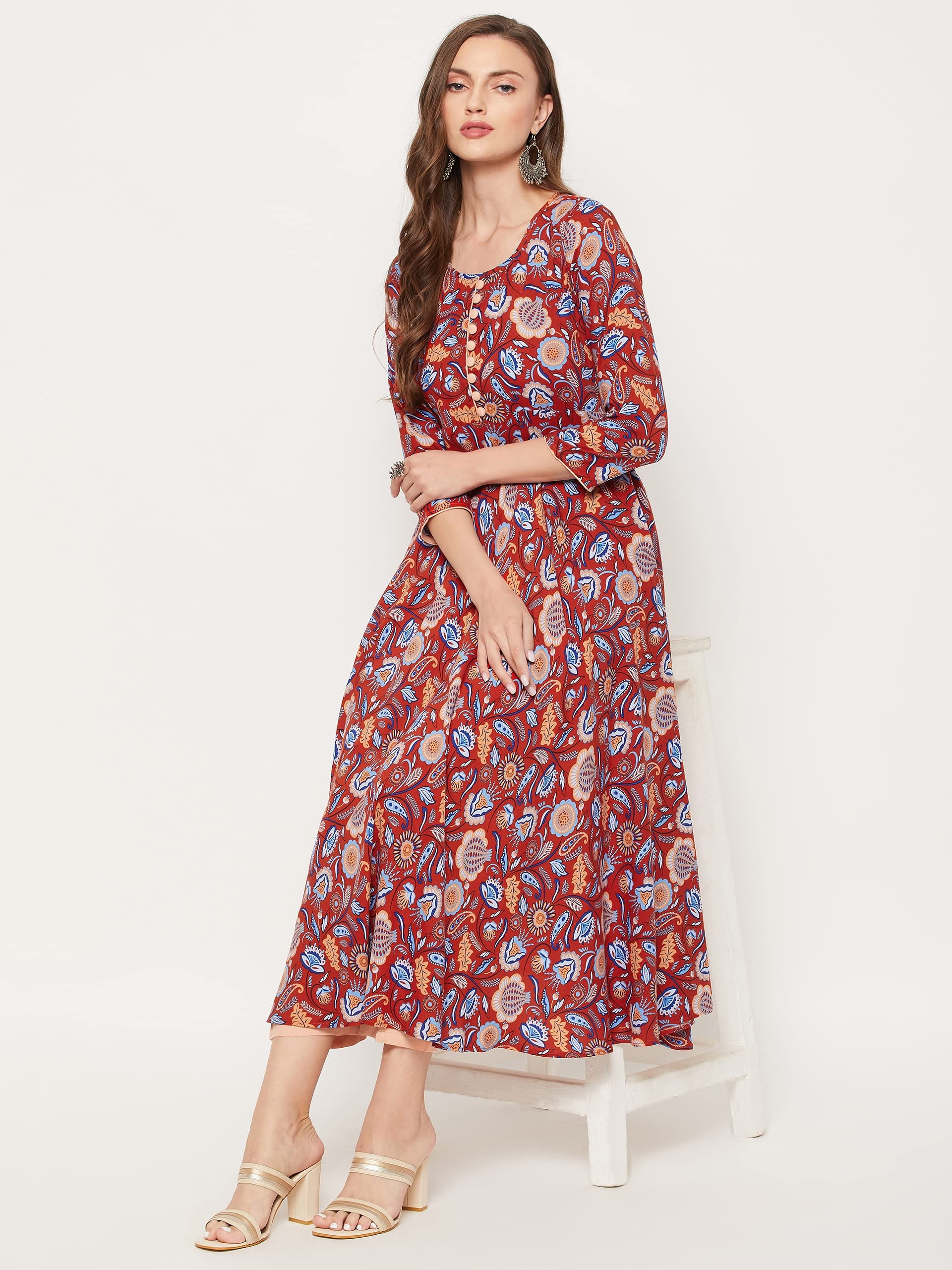 Tissu Women's Rayon Orange & Blue Floral Printed A-Line Kurta (Tissu-2197-Orange_M)