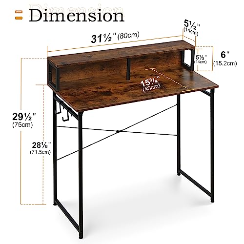 TEAMIX 32 inch Computer Desk with Shelf Study Writing Home Office Desk with Monitor Stand Vanity Table Mini Laptop Desk with Hooks 3D Printer Stand