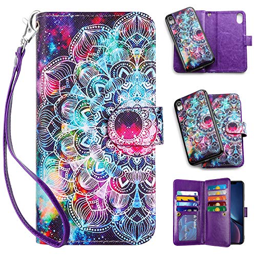 Vofolen Case for iPhone XR Case Wallet Leather PU Flip Cover Folio Detachable Magnetic Slim Shell Dual Layer Heavy Duty Protective Bumper Armor Wristband Card Holder for iPhone XR 10R Flower Mandala