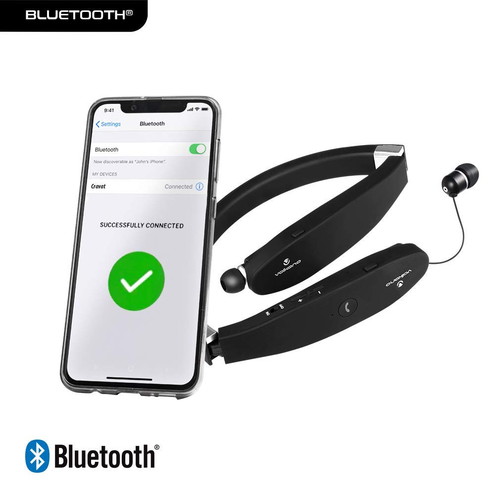 Volkano Retractable Bluetooth Neckband Earphones, Hands-Free Calling, Integrated Controls with Built-in Microphone for Clear Calls, Long Playtime, Lightweight Wireless Headset [Black] - Cravat Series