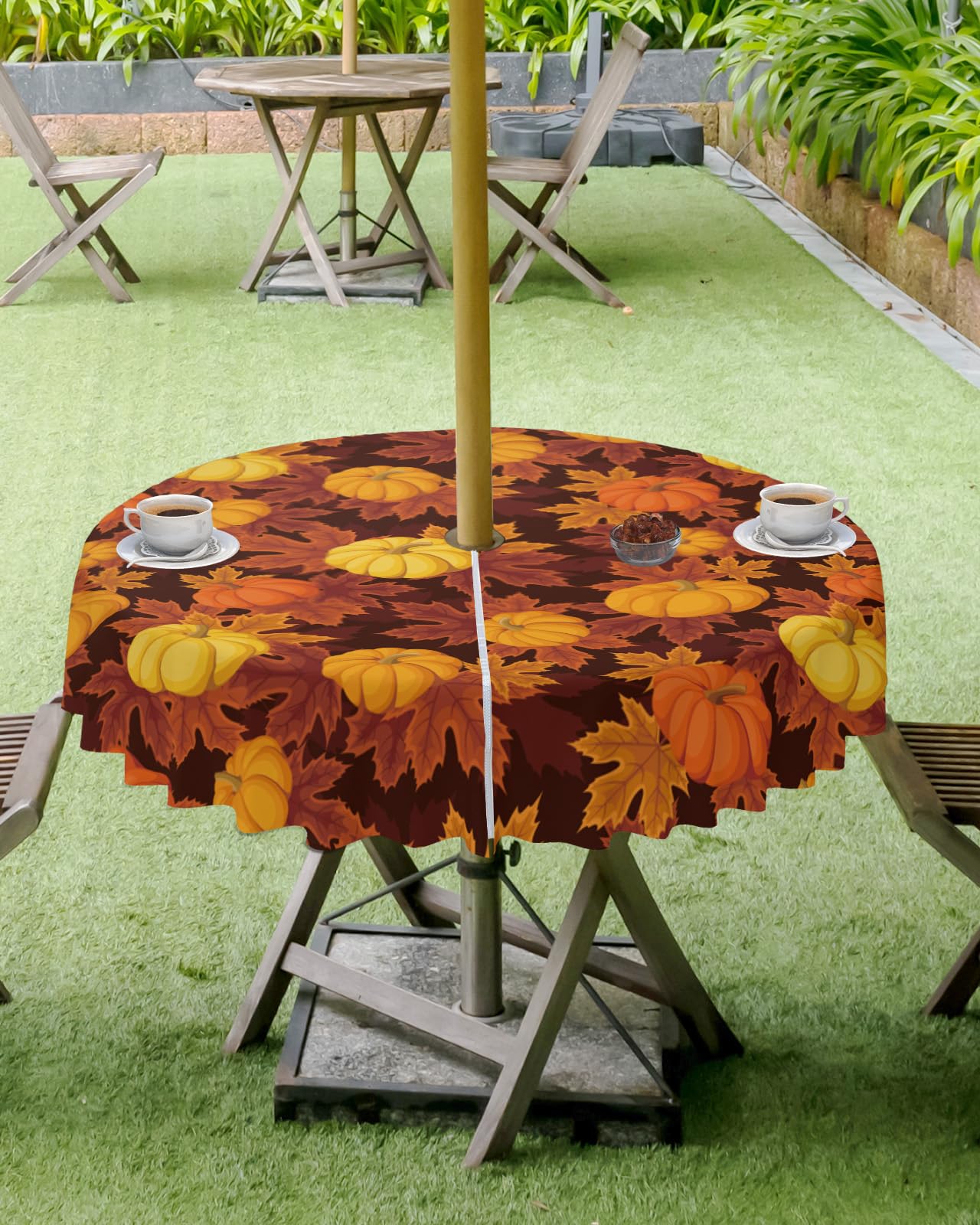Thanksgiving Outdoor Tablecloths with Umbrella Hole and Zipper, Fall Pumpkin Maple Leaves Orange Yellow Brown Waterproof/Stain Resistant Round Table Cloth 54'' Patio Table Cover for Picnic/Party
