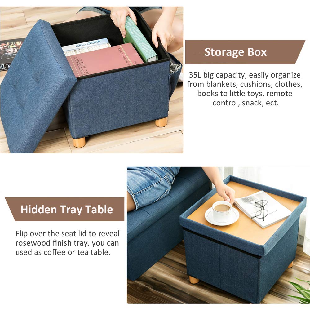 WALTSOM Folding Storage Ottoman, Cube Footrest Seat Stool Coffee Table with Woode Feet, Side Pockets, Double Sides Lid, Soft Padding for Home and Office, 15"X15"x15" (Blue)