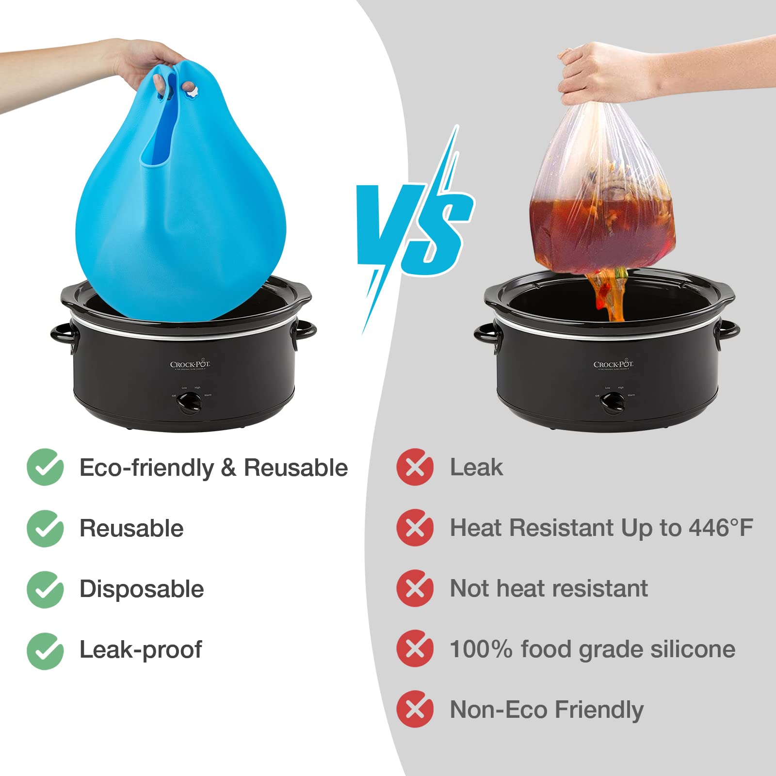 WAPSAT 2 Pack Silicone Slow Cooker Liners Fits for 7-8 QT Crockpot, Reusable Silicone Slow Cooker Liners, Safe Silicone Crockpot Liners (1pc Blue + 1pc Red)
