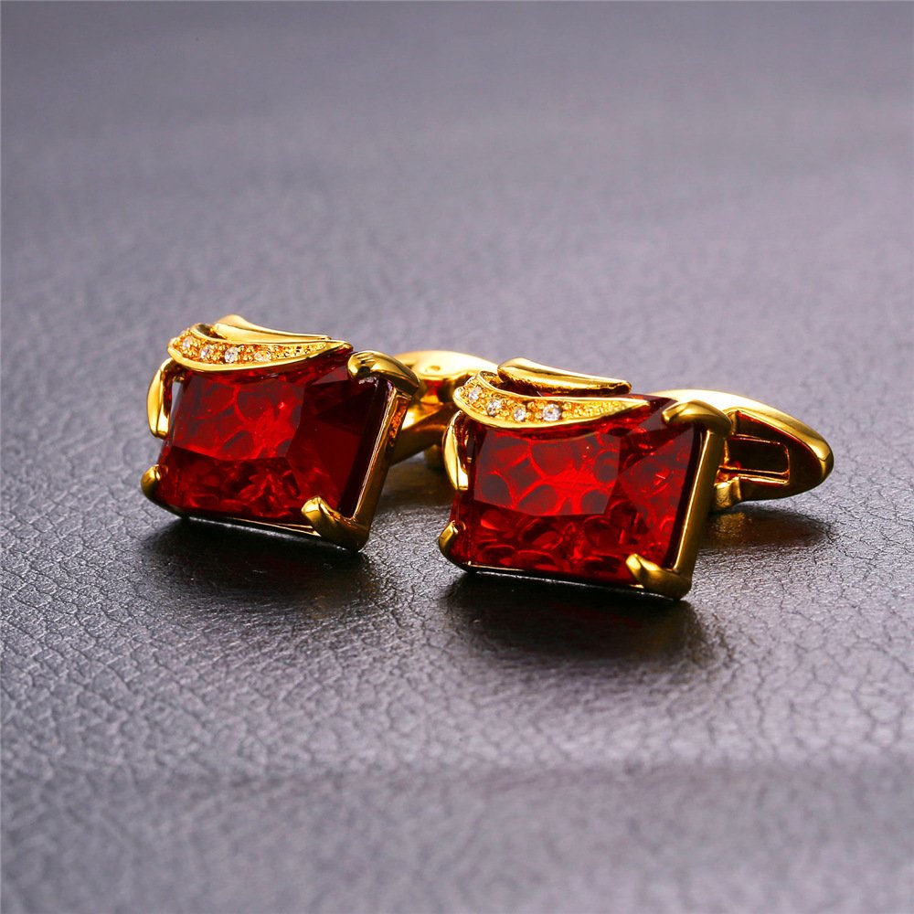 Ruby Shiny Crystal Cufflinks Elegant Style Women Men 18K Gold Plated Fancy Stone Cuff Links