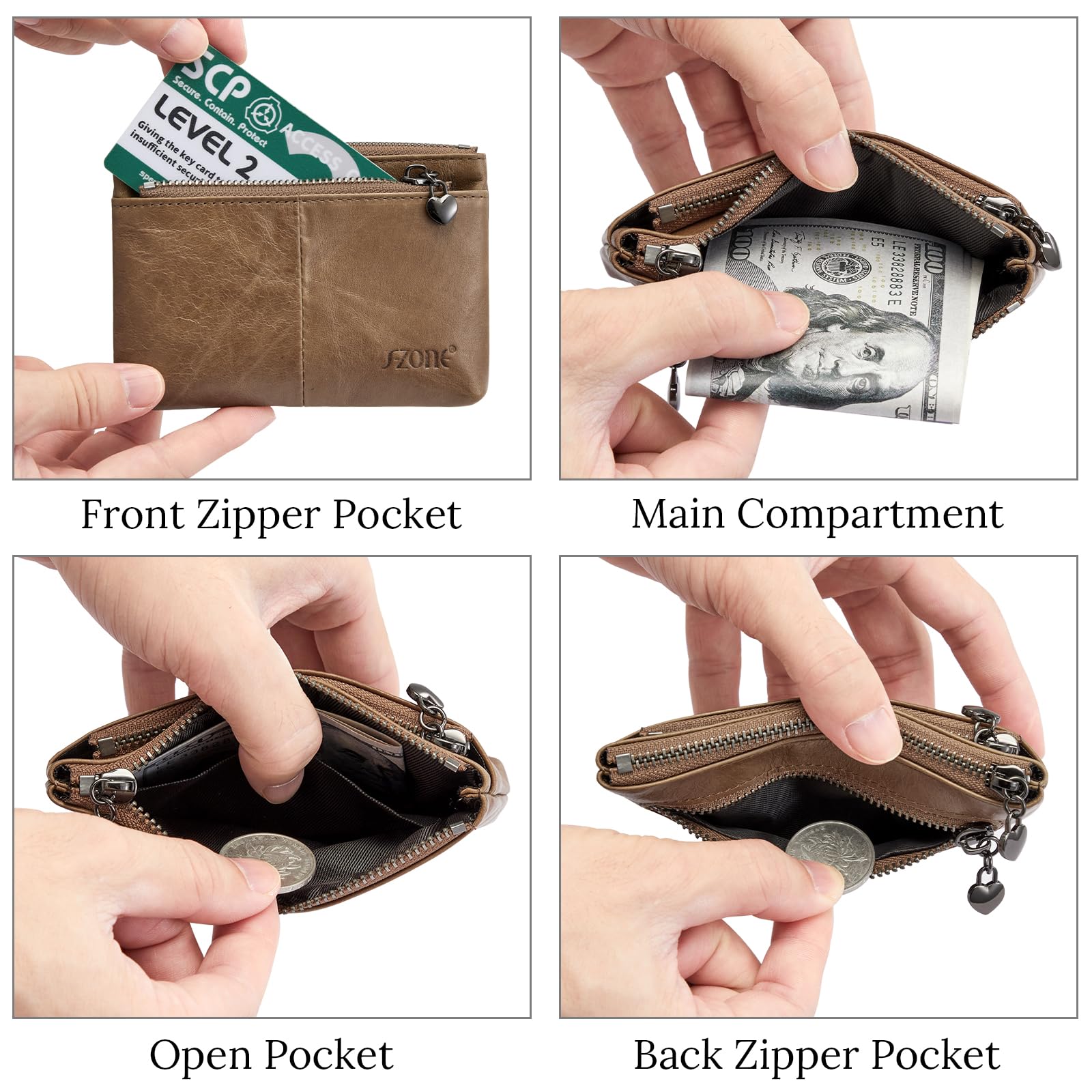 S-ZONE Genuine Leather Coin Purse Women Small Change Wallet Pouch Card Holder with Keychain Gift Box