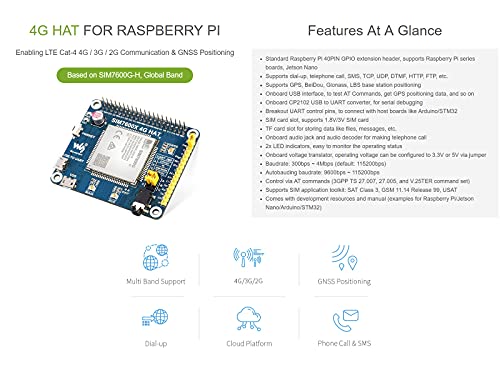 Waveshare 4G/3G/2G/GSM/GPRS/GNSS HAT for Raspberry Pi Based on SIM7600G-H Supports LTE CAT4 up to 150Mbps for Downlink Data Transfer