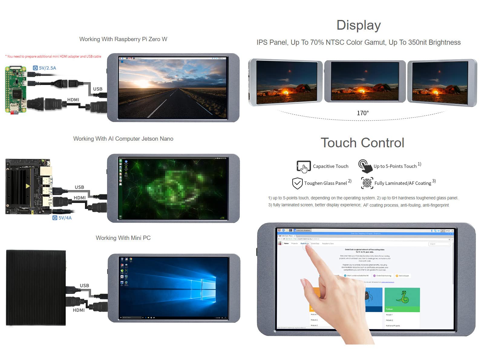 waveshare 7inch Universal Portable Touch Monitor with HDMI Port 1080×1920 Full HD IPS Screen Optical Bonding/AF Coating Toughen Glass Panel Support Raspberry Pi Jetson Nano PC