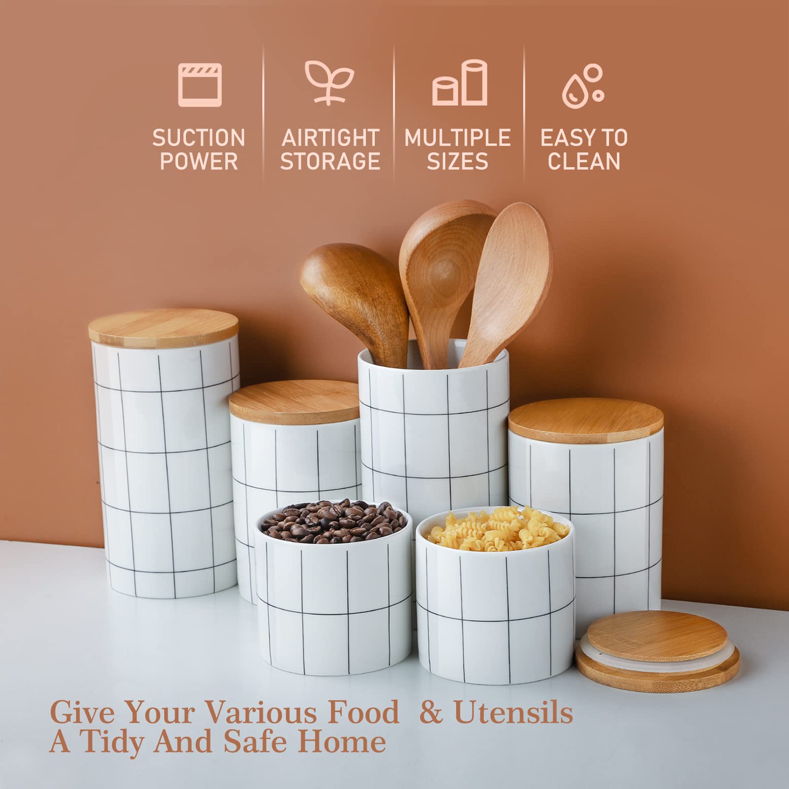 WELLCHE Kitchen Canisters Sets for Kitchen Counter Set of 6, Flour and Sugar Containers, Ceramic Canister Set Food Storage Jars with Airtight Bamboo Lid for Serving Ground Coffee, Tea, Sugar, Grain