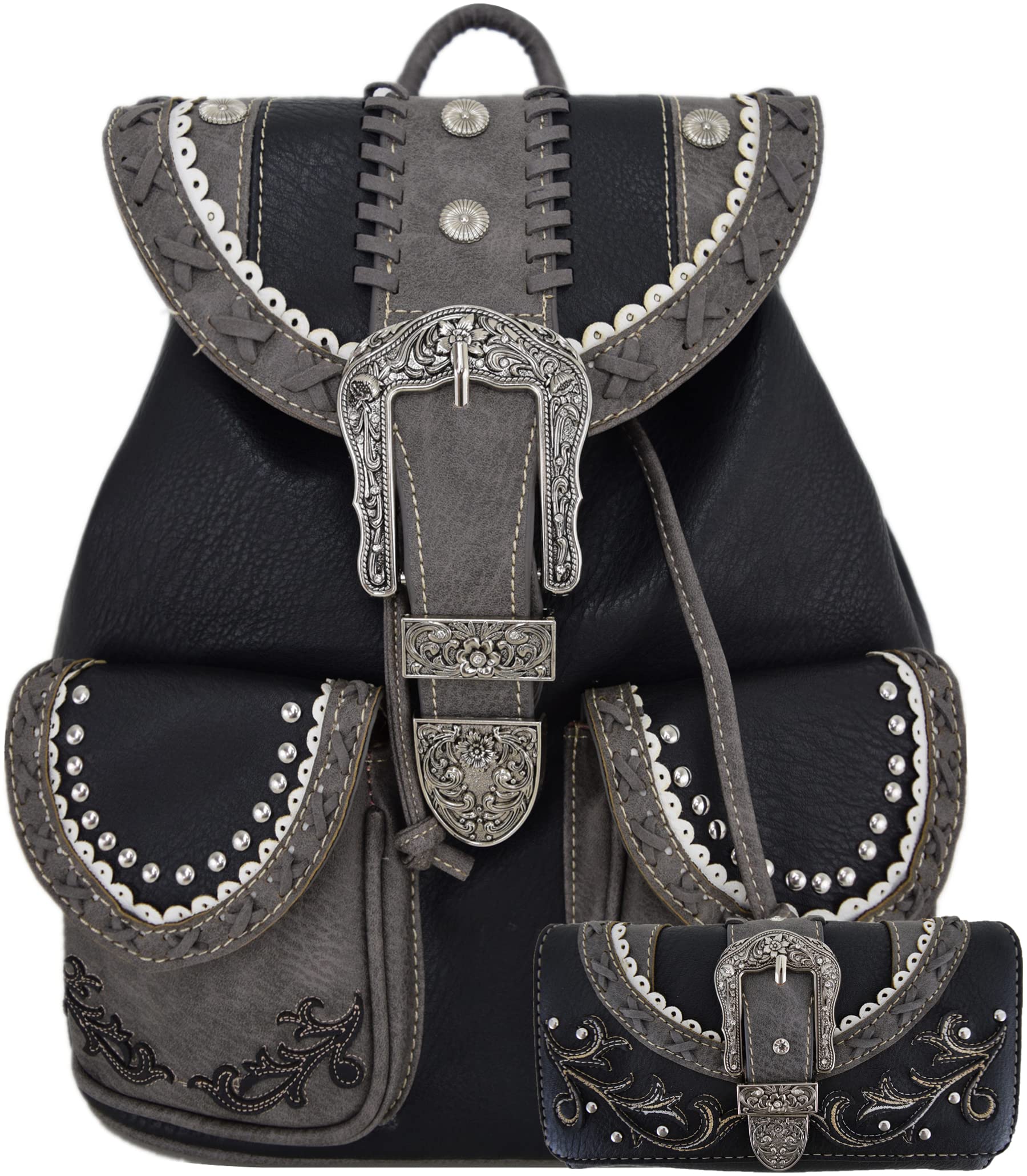 Western Style Tooled Buckle Floral Women Country Backpack School Bag Rucksack Daypack Biker Purse Matching Wallet Set (Black Set)