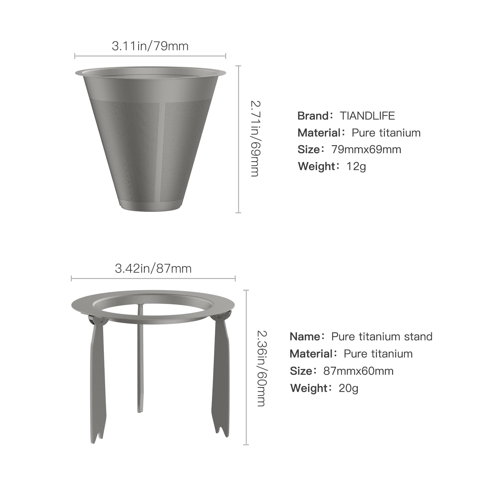 TIANDLIFE Pour Over Coffee Dripper Titanium Slow Drip Coffee Filter Metal Cone Paperless Reusable Single Cup Coffee Maker 1-2 Cup With Non-slip Cup Stand (Titanium Coffee Filter)