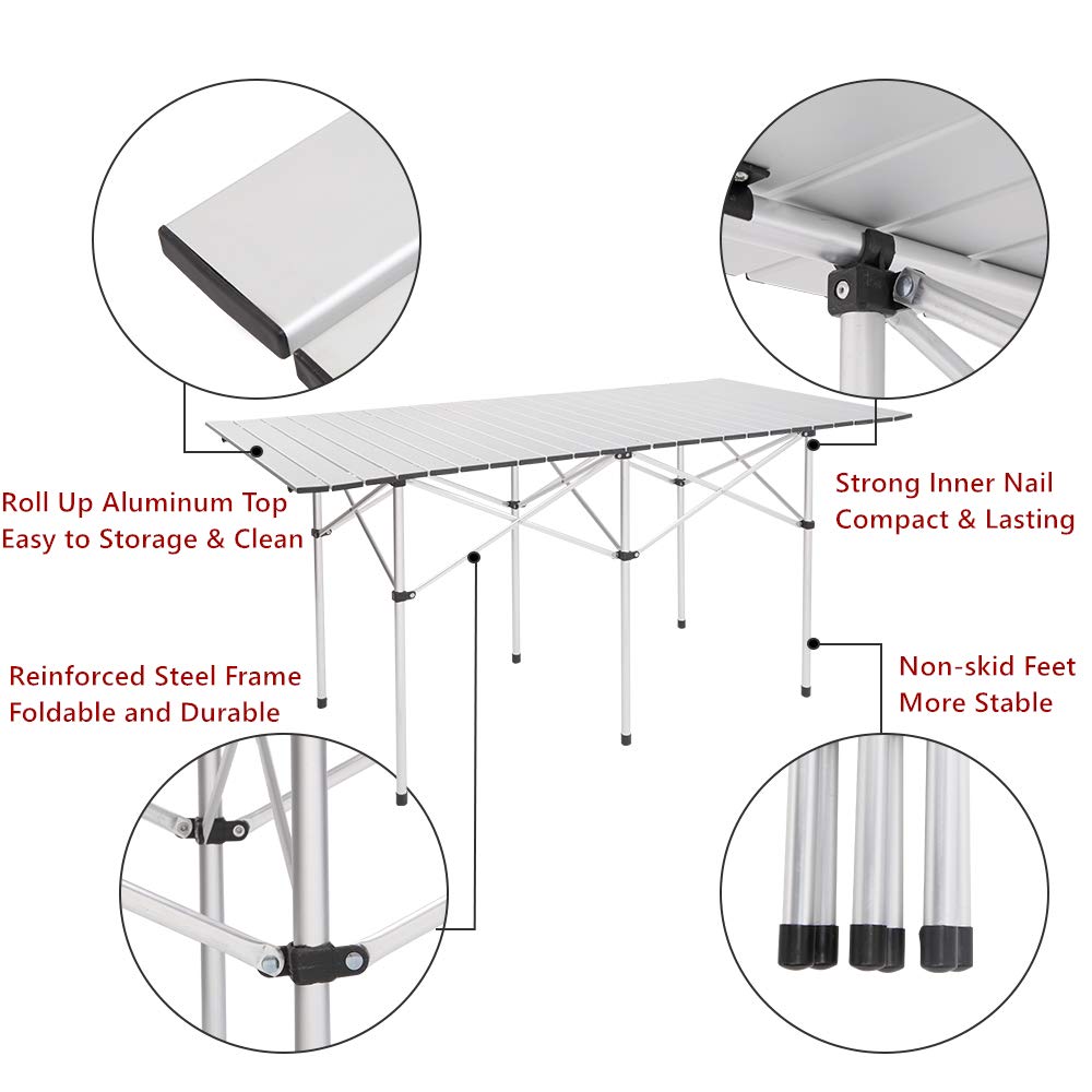 WEI WEI GLOBAL Aluminum Camping Table, Roll UP Top Lightweight Outdoor Picnic Table, Portable Foldable Compact Trip Table (55in, Rectangle)