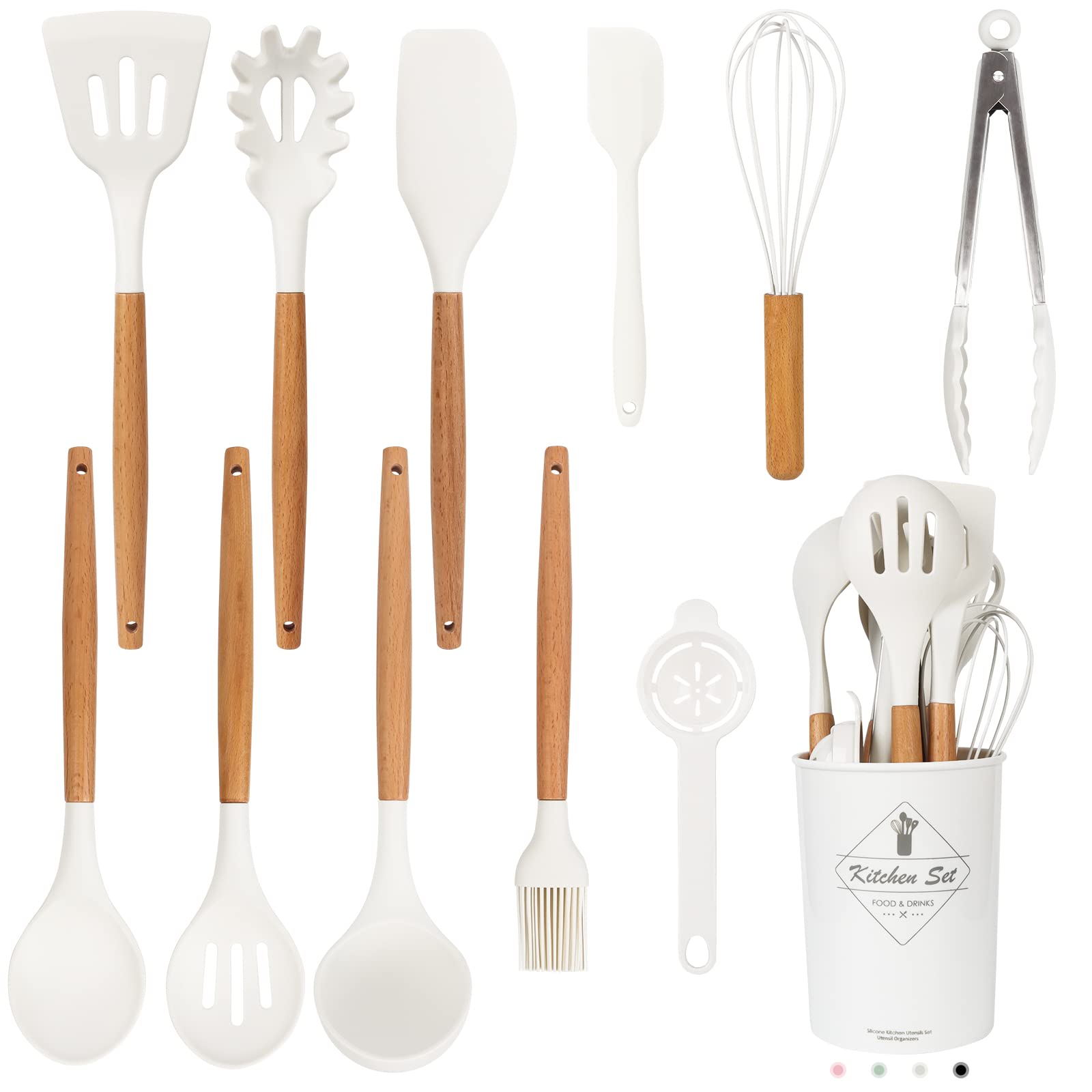 White Kitchen Utensils Set-12 Pieces Silicone Cooking Utensils Set with Wooden Handle (Dishwasher Safe) 392°F Heat Resistant Spatula Set, Nonstick Cookware,Best Kitchen