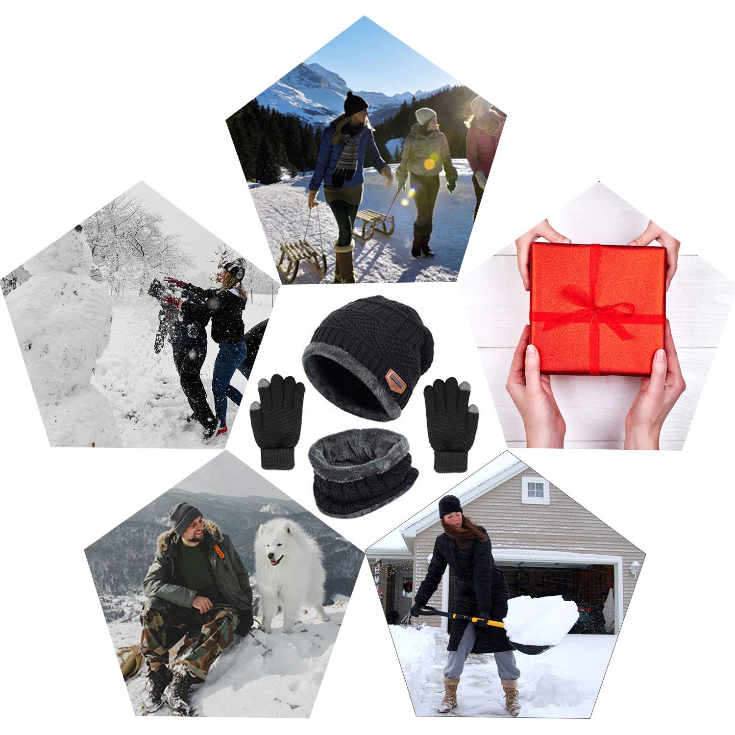 Winter Knit Beanie Hat Neck Warmer Gloves Set, Fleece Lined Skull Cap Scarves Touch Screen Mittens for Men Women Boys