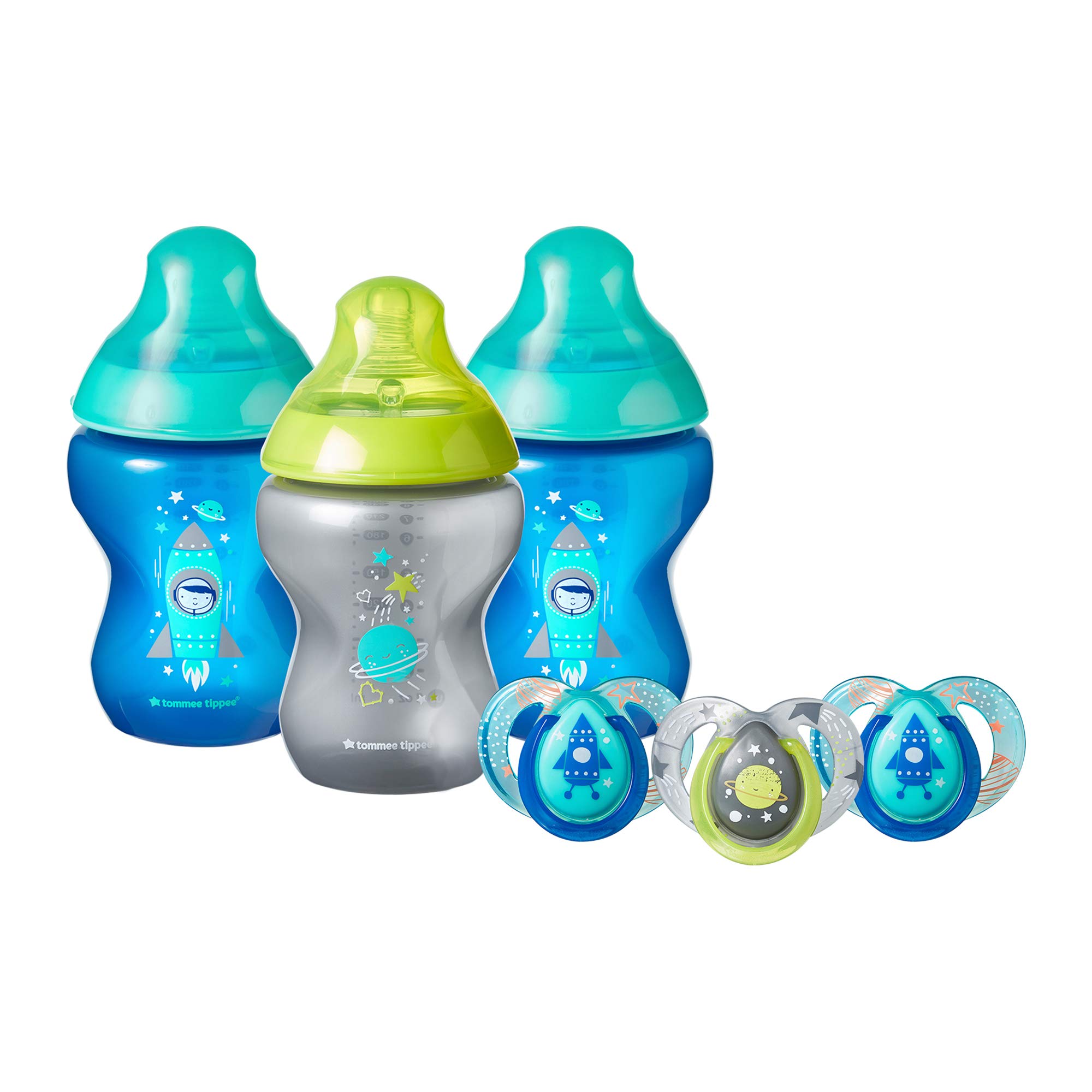 Tommee Tippee Closer to Nature Boldly Go Gift Set, Girl – 3x 9oz Baby Bottles & 3x 6-18mo Pacifiers
