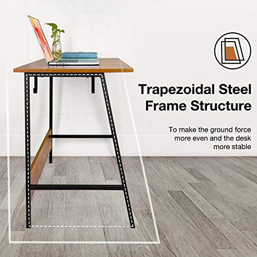 WEWILL Computer Desk Writing Study Table for Home Office,PC Notebook Writing Table with Stable Trapezoidal Metal Structure Modern Student Desk with Two Hooks,Easy to Install,Rustic Brown