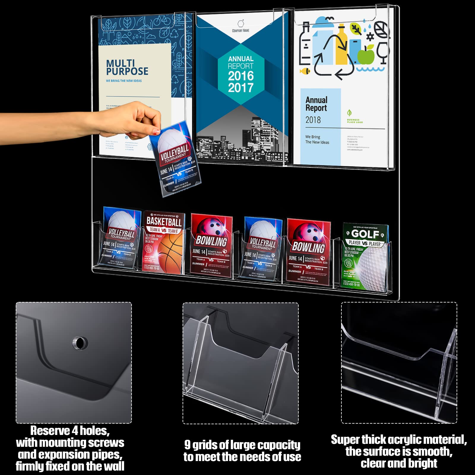 Weysat Acrylic Brochure Holder Wall Mount Rack Acrylic Magazine Literature Holder Display Stand Business Tri Fold Clear 9 Pockets Pamphlet Display Holder Plastic Flyer Wall Mount Slots (1 Pcs)