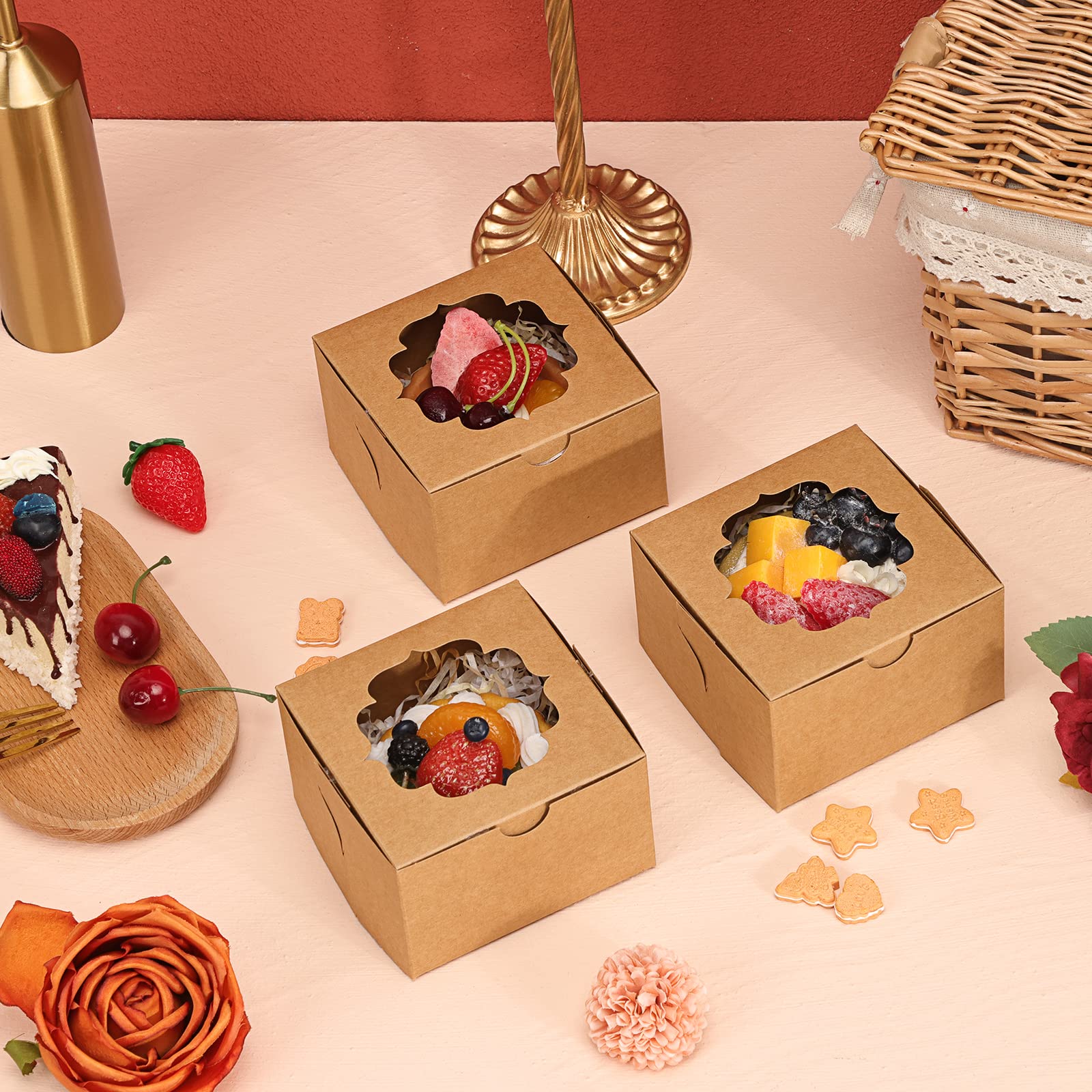 TOMNK 60pcs 4 Inches Brown Bakery Boxes Small Cookie Boxes Kraft Baking Boxes with 2 Style Windows for Strawberries Chocolate Dessert Treat Candy Donuts Mini Cake and Party Favor 4x4x2.5 Inches