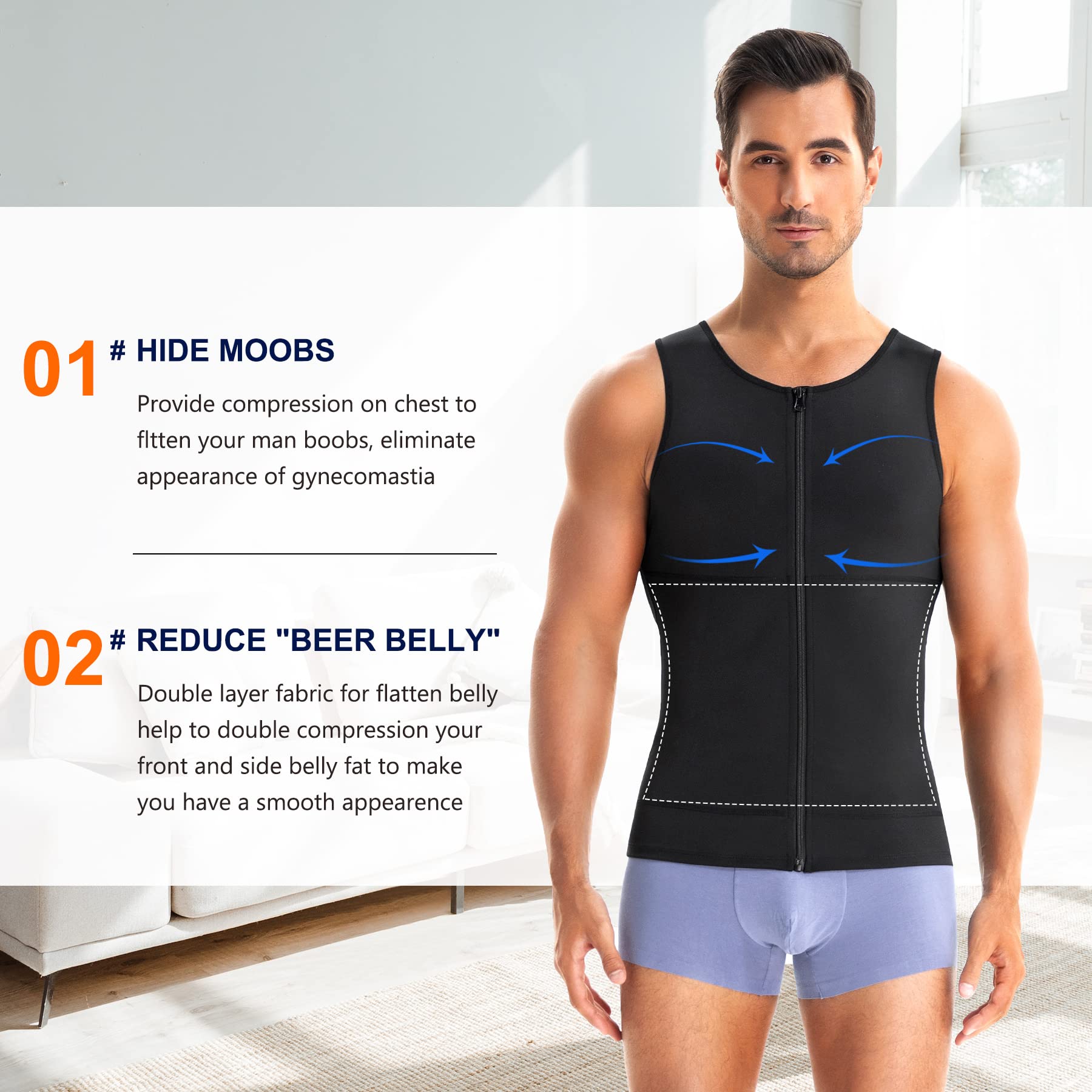 Wonderience Compression Shirts for Men Undershirts Slimming Body Shaper Tank Top Vest with Zipper (Black, Large)