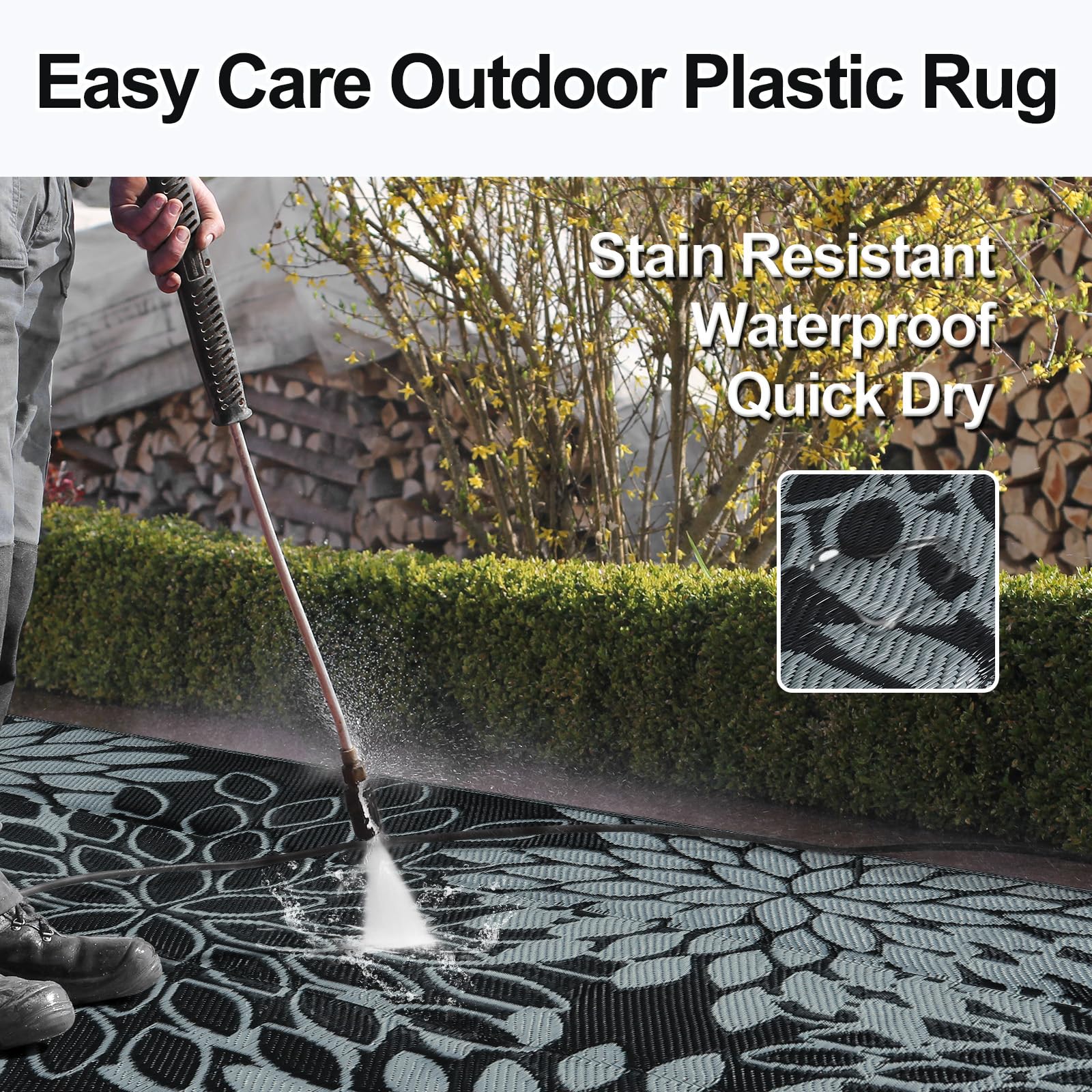 Wonnitar Plastic Outdoor Rugs 5x8,Reversible Outdoor Patio Rug Waterproof RV Camping Rug,Large Portable Outside Tropical Leaf Mat Deck Floor Carpet for Backyard Garden Balcony Picnic,Black/Grey