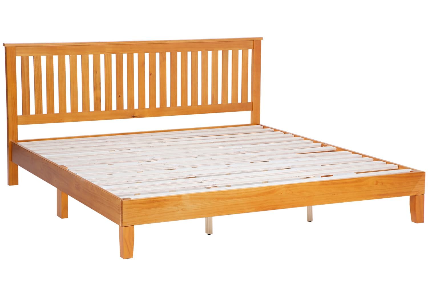 Wood Bed Frame, Wooden Bed Frame with 14 Strong Wooden Slats, King Headboard and Frame with Complete Headboard, Wood Platform Bed, No Box Spring Needed, King Bed Frame Wood with Solid Wood Foundation