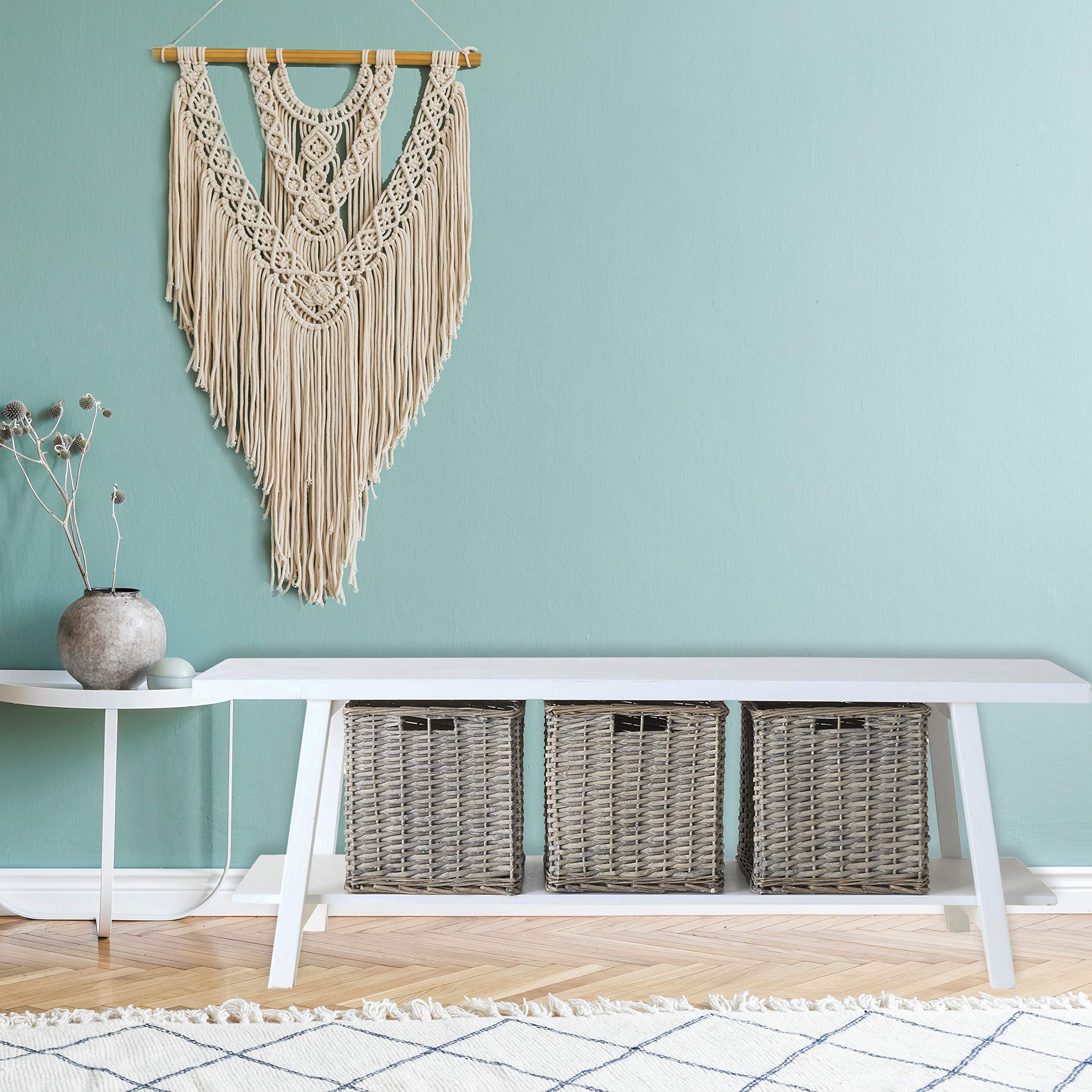 WHW Whole House Worlds Hamptons Bench, A-Frame Storage, Coastal Style Cubbies, White with 3 Brown Willow Wicker and Wood Baskets, MDF Frame, 57 Long x 12.75 Wide x 19.75 Tall Inches