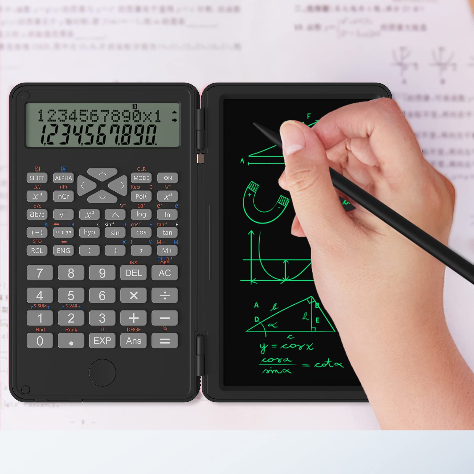 WHYATT Scientific Calculator with Erasable Writing Board 240 Functions 2 Line LCD Display Foldable Financial Math Calculator School Supplies for Middle High School College Students Black