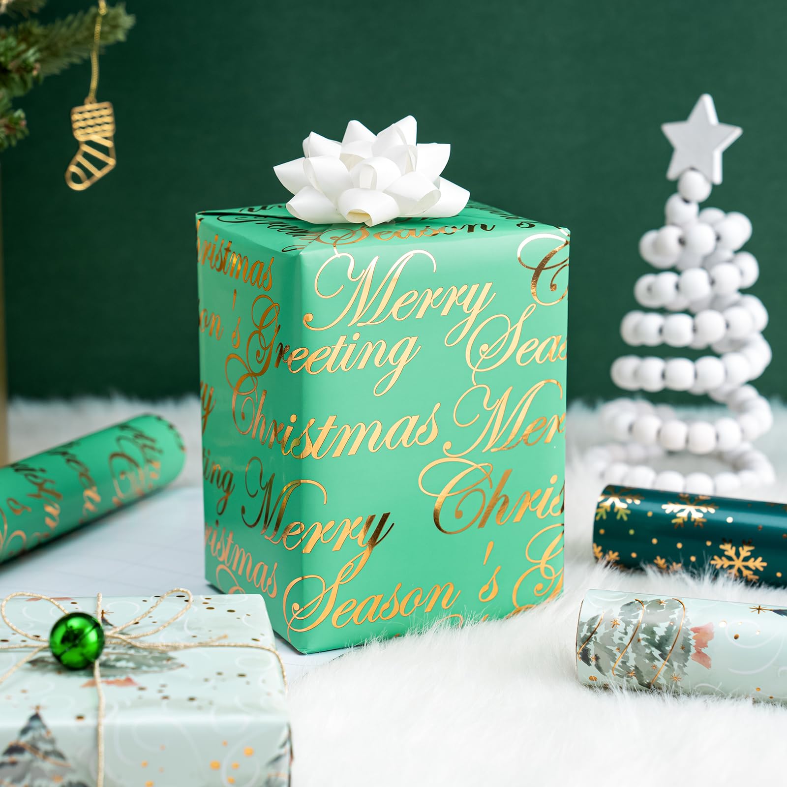WRAPAHOLIC Christmas Wrapping Paper Roll - Mini Roll - 3 Rolls - 17 Inch X 120 Inch Per Roll - Green Christmas Tree, Snowflake Holiday Collection with Metallic Foil Shine