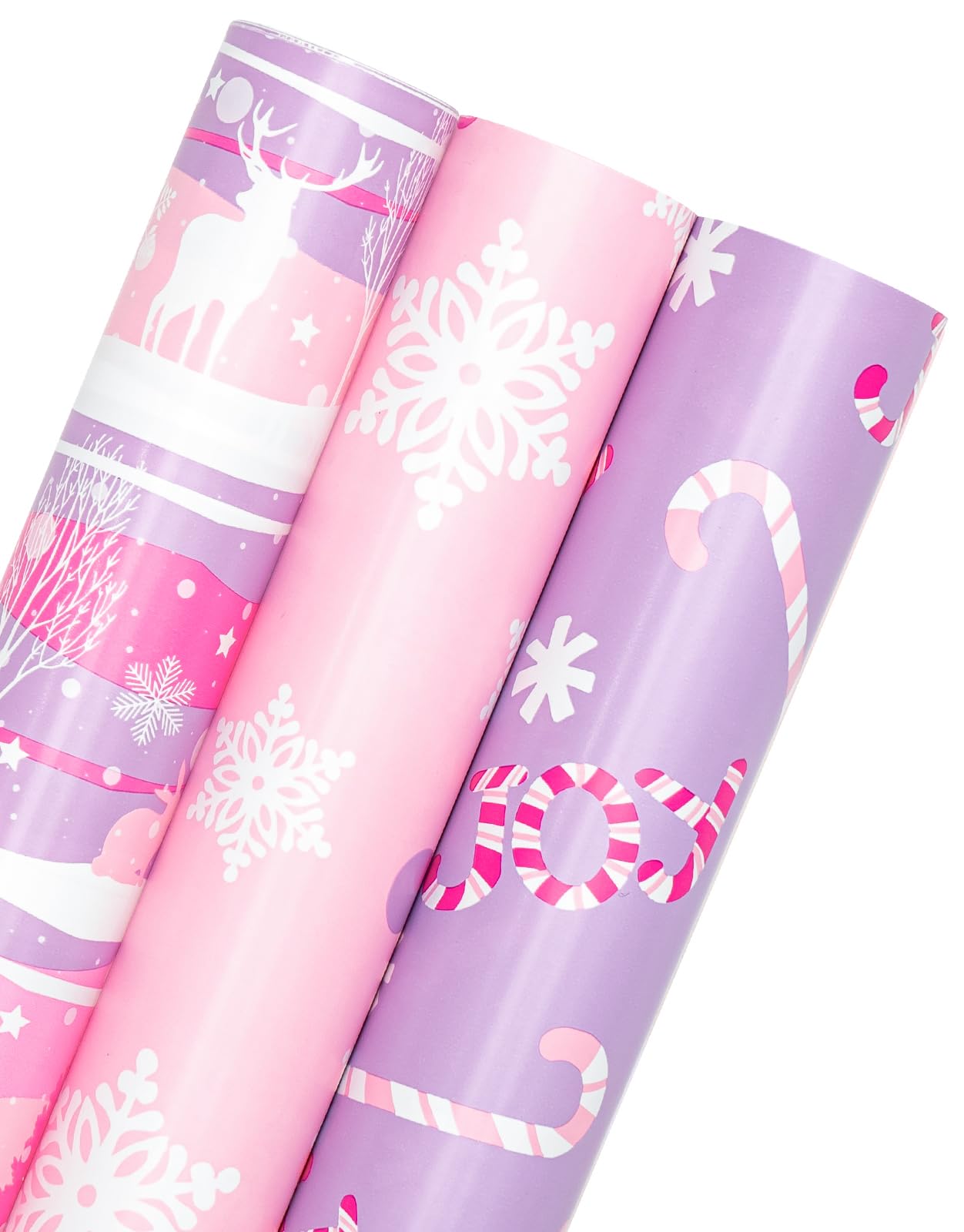 WRAPAHOLIC Christmas Wrapping Paper Roll - Mini Roll - 3 Rolls - 17 Inch X 120 Inch Per Roll - Pastel Pink and Purple Reindeer, Candy Cane with JOY, Snowflake Holiday Collection