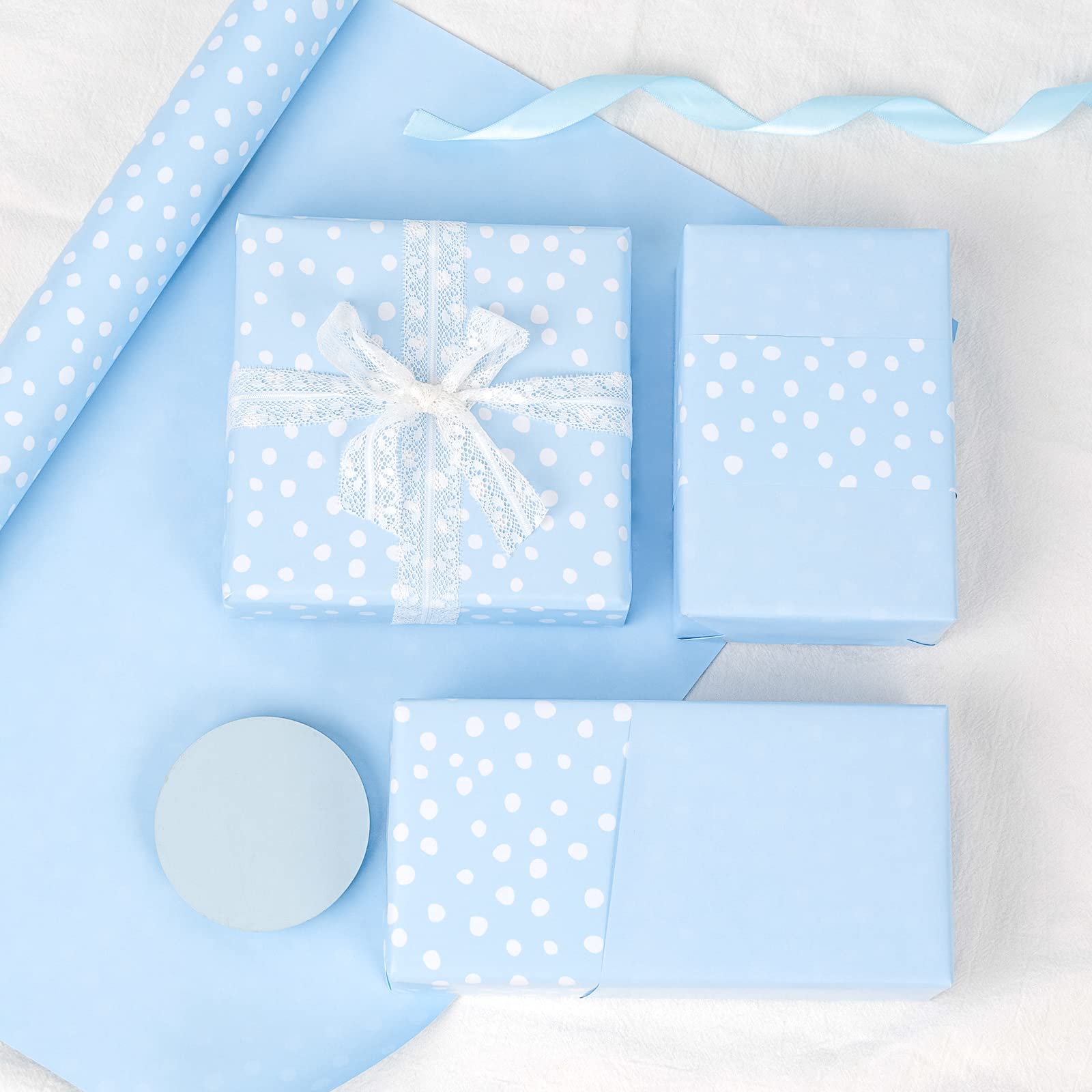 WRAPAHOLIC Reversible Wrapping Paper - Mini Roll - 17 Inch X 33 Feet - Light Blue and Delicate Polka Dots Design for Birthday, Holiday, Wedding, Baby Shower