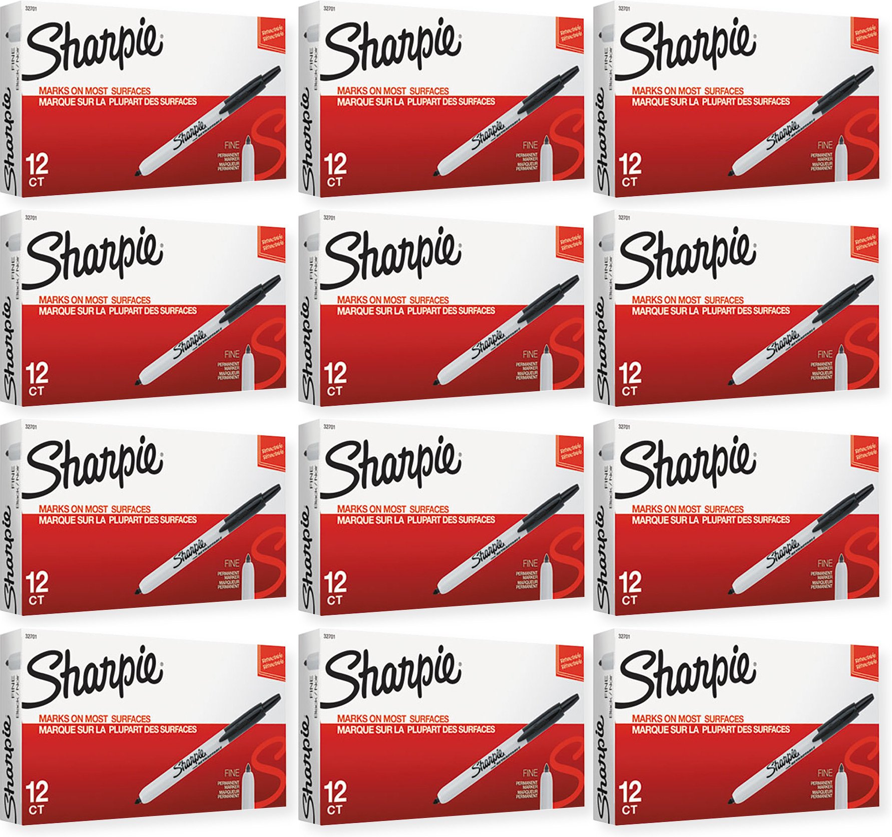 Sharpie 32701 Retractable Permanent Markers, Fine Point, Black, 144 Count (12 Boxes of 12 Markers each Box)