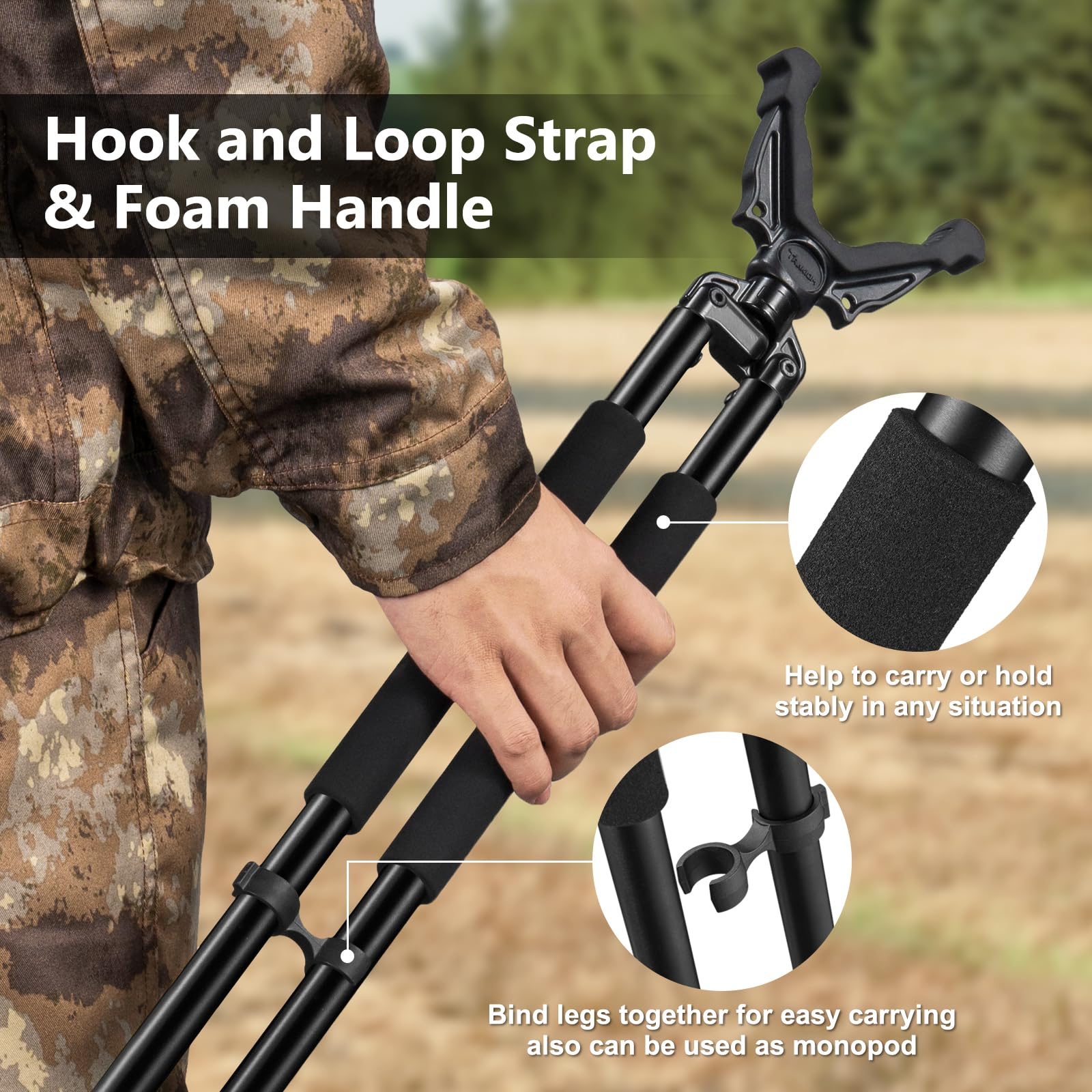 Trakiom Bipod Shooting Sticks for Hunting, Shooting Bipod for Hunting, Adjustable Bipod Shooting Rest, Rifle Bipod with 360° Rubber V Yoke Rest, Twist Lock, Lightweight Aluminum Frame and Spike Feet