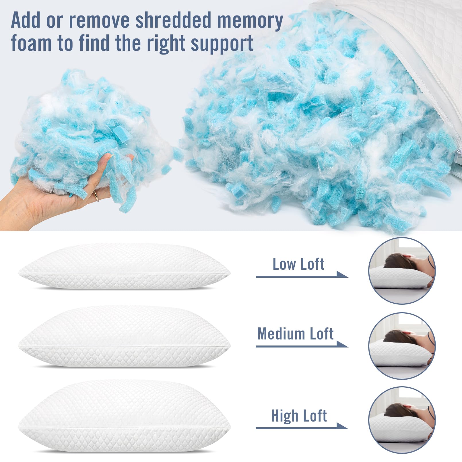 Shredded Memory Foam Pillow with Washable Removable Pillowcase,Height Adjustable,Standard Size Bed Pillow for Sleeping,Suitable for Stomach,Back and Side Sleepers.