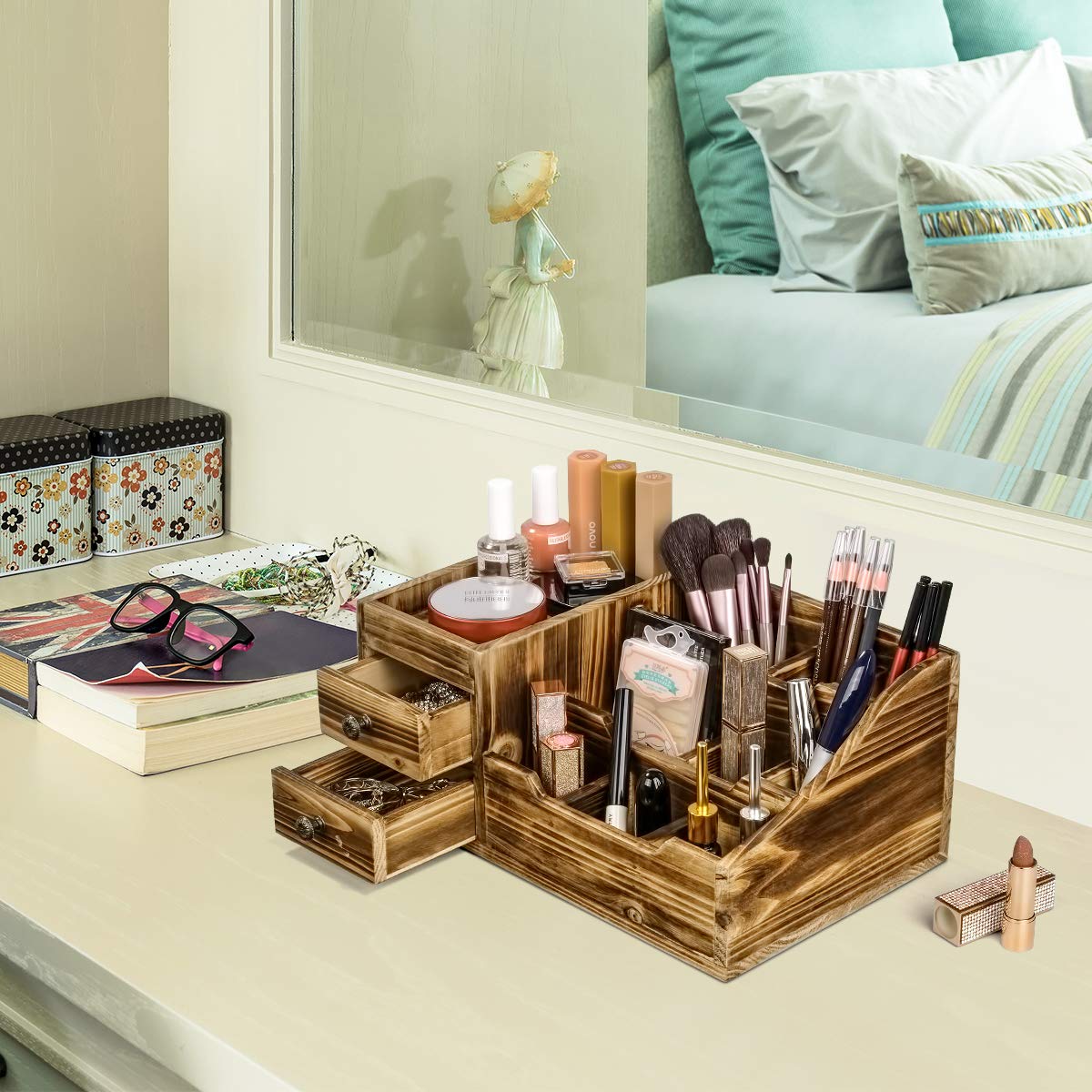 XCSOURCE Rustic Wooden Desk Organizer Cosmetic Organizer Storage Makeup Organizer and Storage Organize Storing of Makeup Tools at Home Office Bathroom Organizer Rustic Brown