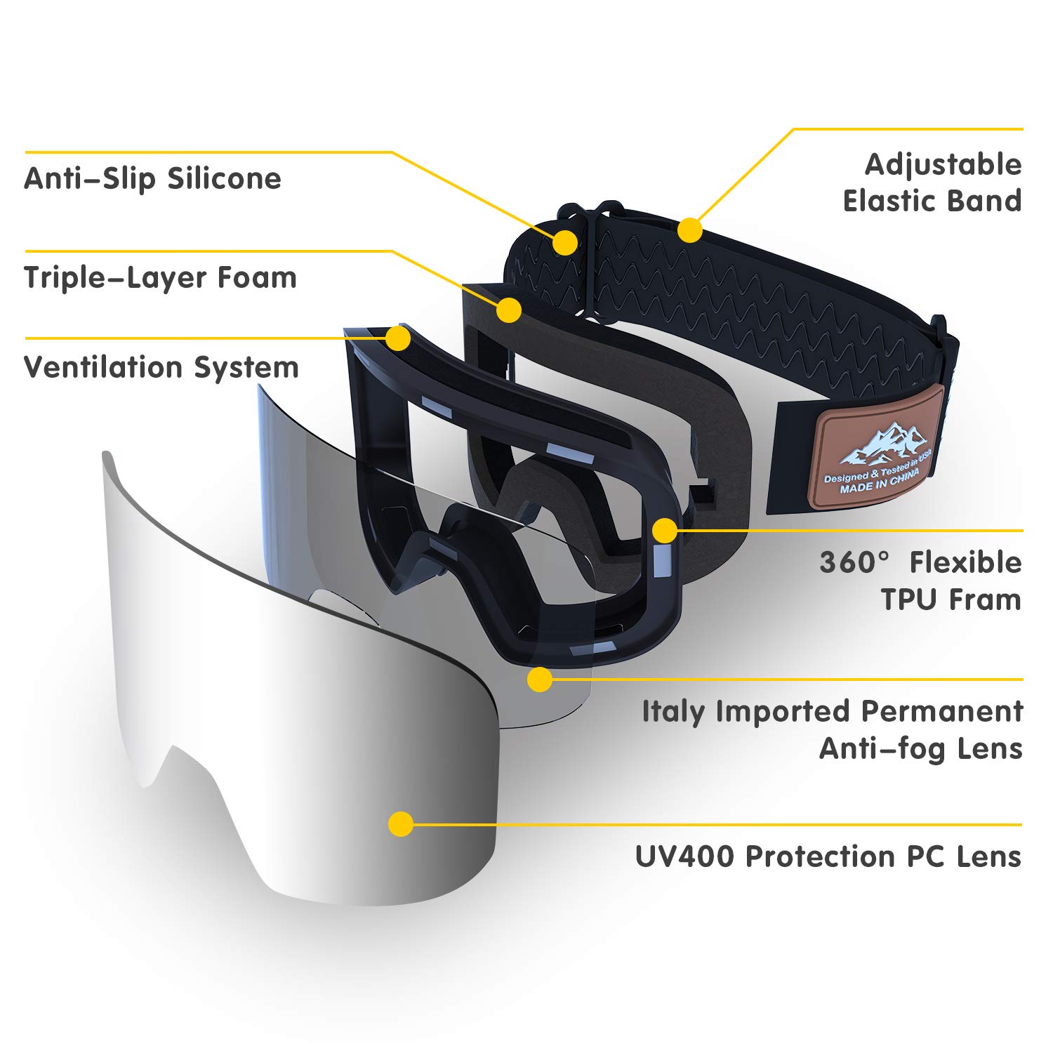 XGEAR Frameless Snow Goggles - Magnetic Interchangeable Lenses, 100% UV Protection, OTG Ski Goggles for Men and Women (Silver, VLT 10%)